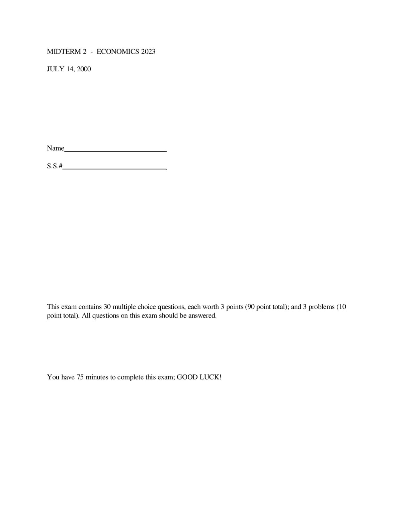 Midterm Exam 2 With Answer Key Honors Principles Of Microeconomics