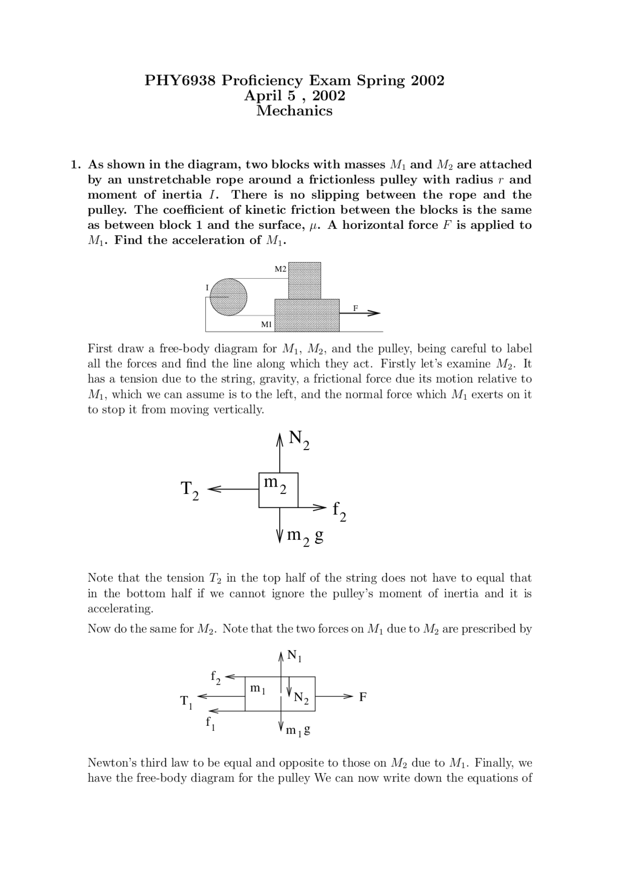 Proficiency Exam - Mechanics - Spring 2002 | PHY 6938 - Docsity