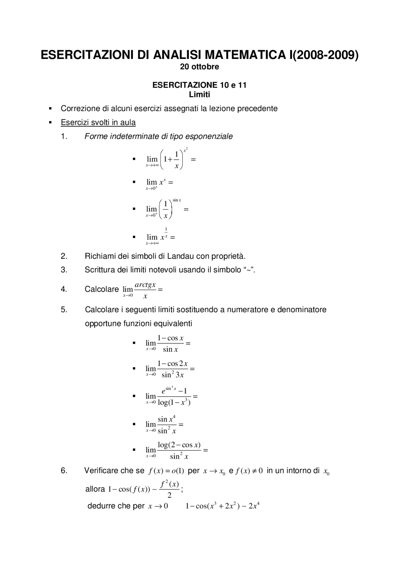 Analisi Matematica 1 Esercitazione 10 E 11 Docsity