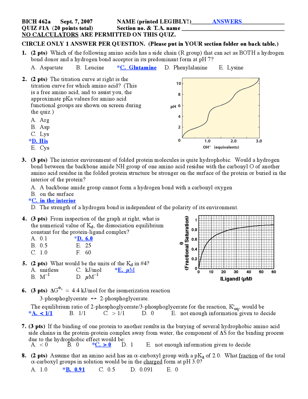 Quiz 1 Mc Questions With Answer Biochemistry Bioc 462a Docsity
