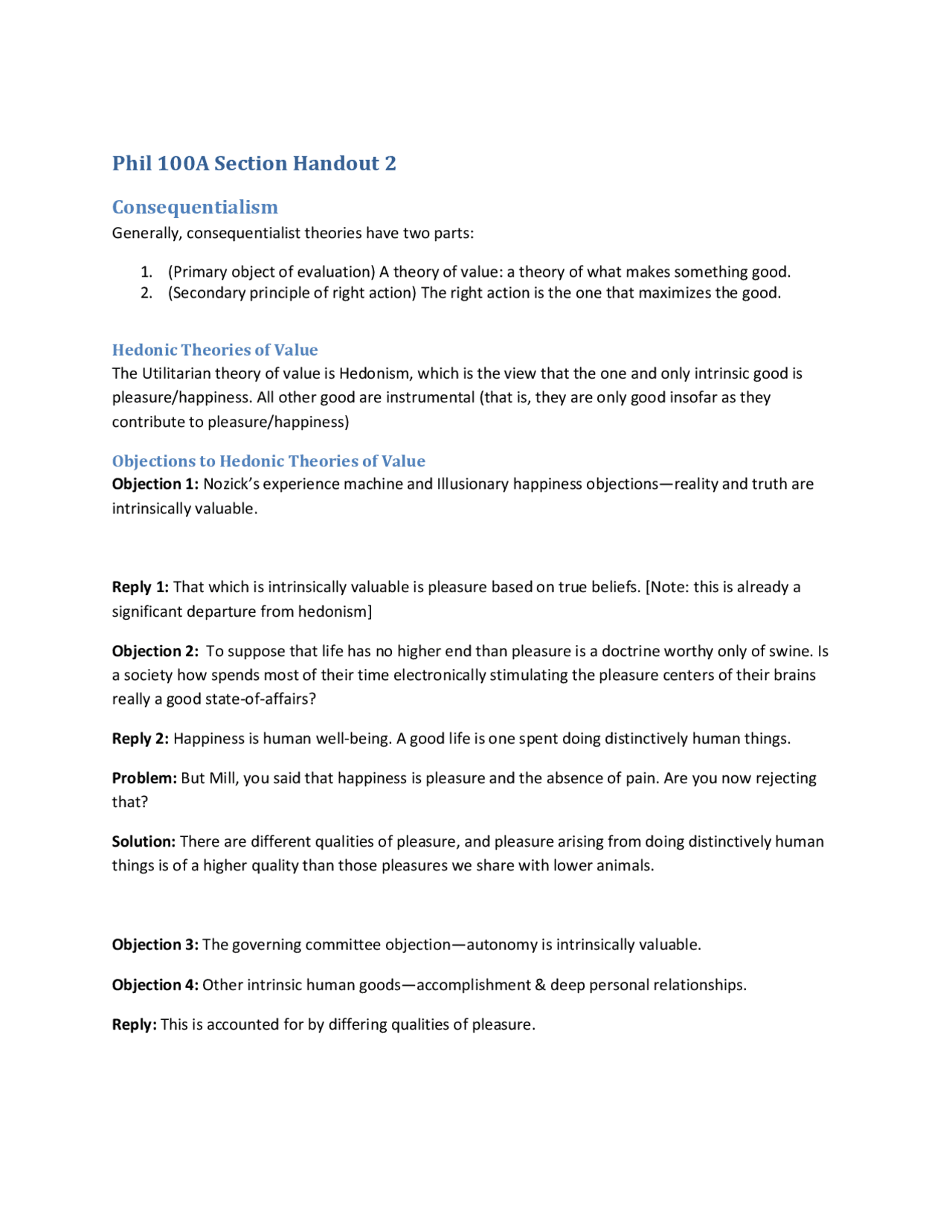 Consequentialism Theories Handout Phys 100a Docsity