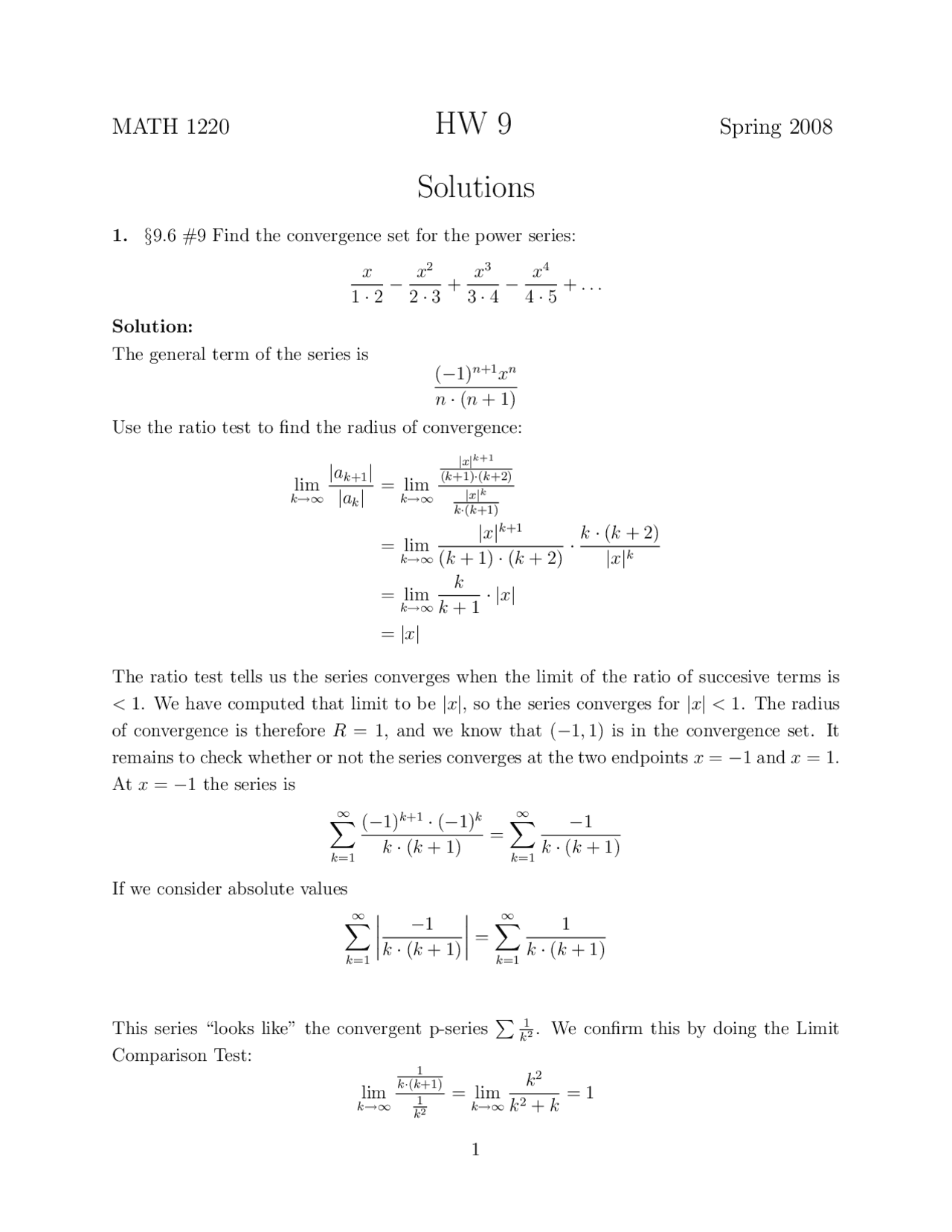 Problem Set 9 with Answers - Calculus II | MATH 1220 - Docsity