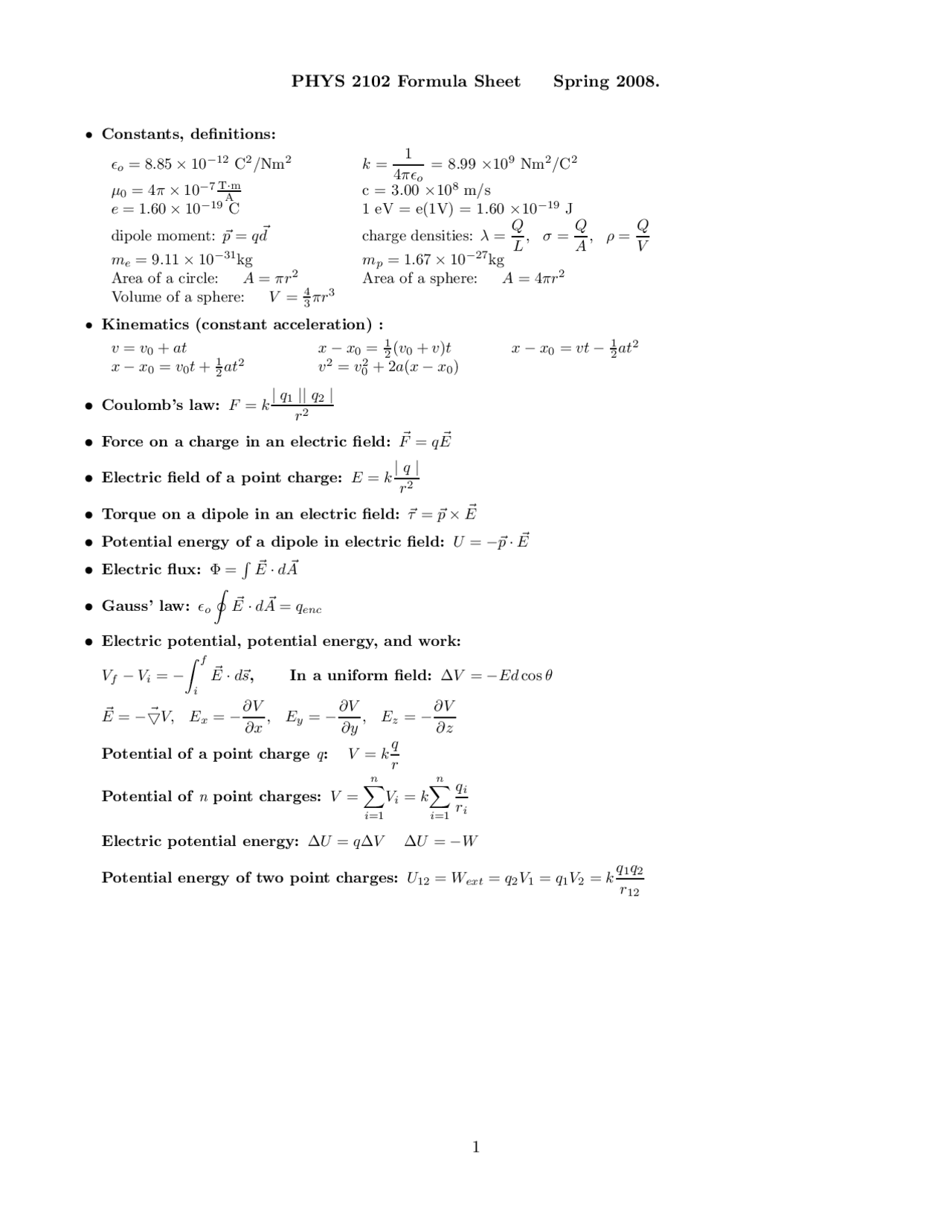 PHYS 2102 Formula Sheet: Electricity and Magnetism | Study notes ...