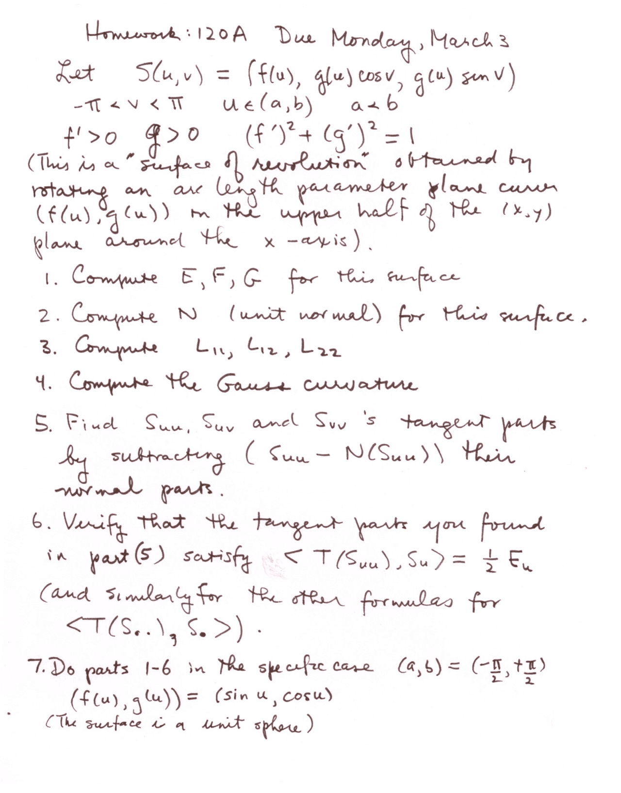 Homework With Answer Key For Differential Geometry Math 120a Docsity