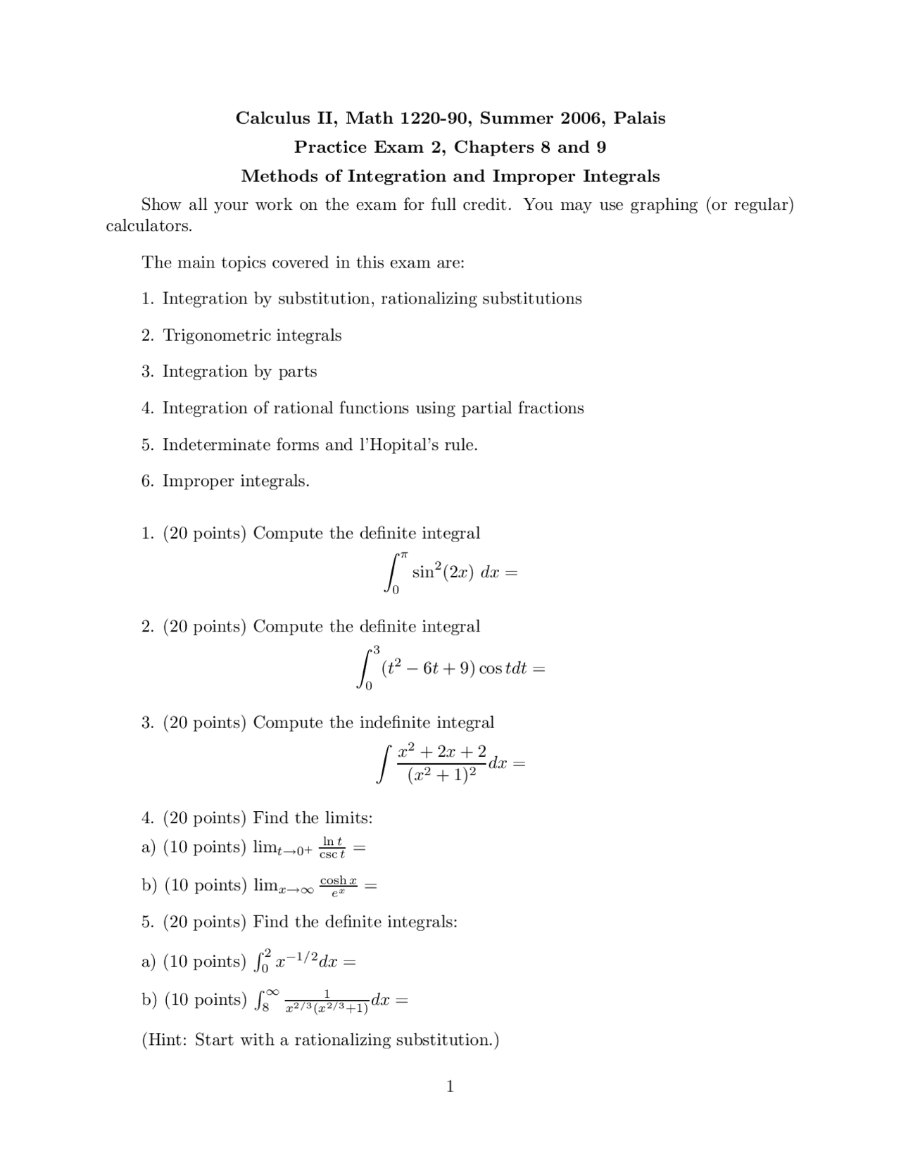5 Unsolved Problems On Calculus Ii Examination 2 Math 1220 Docsity