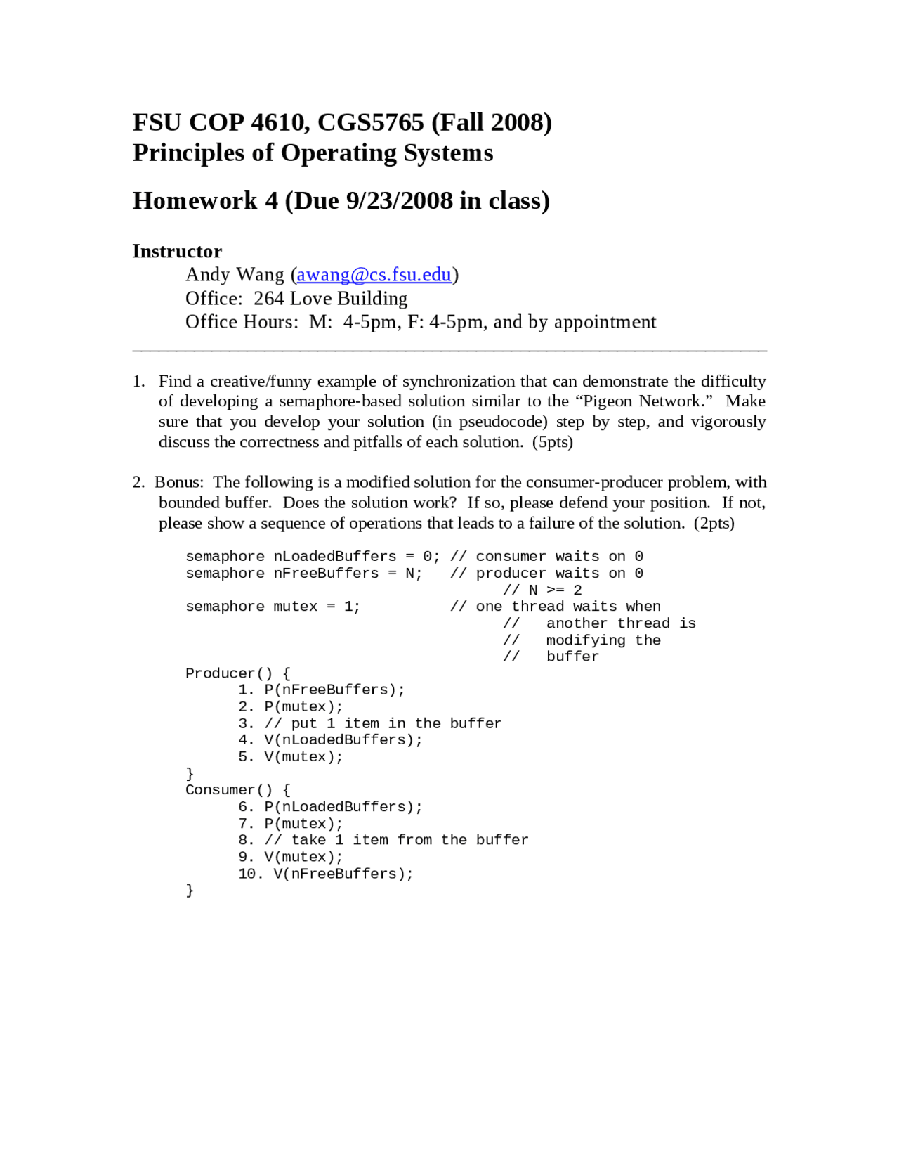Principles Of Operating Systems Homework 4 Cop 4610 Docsity