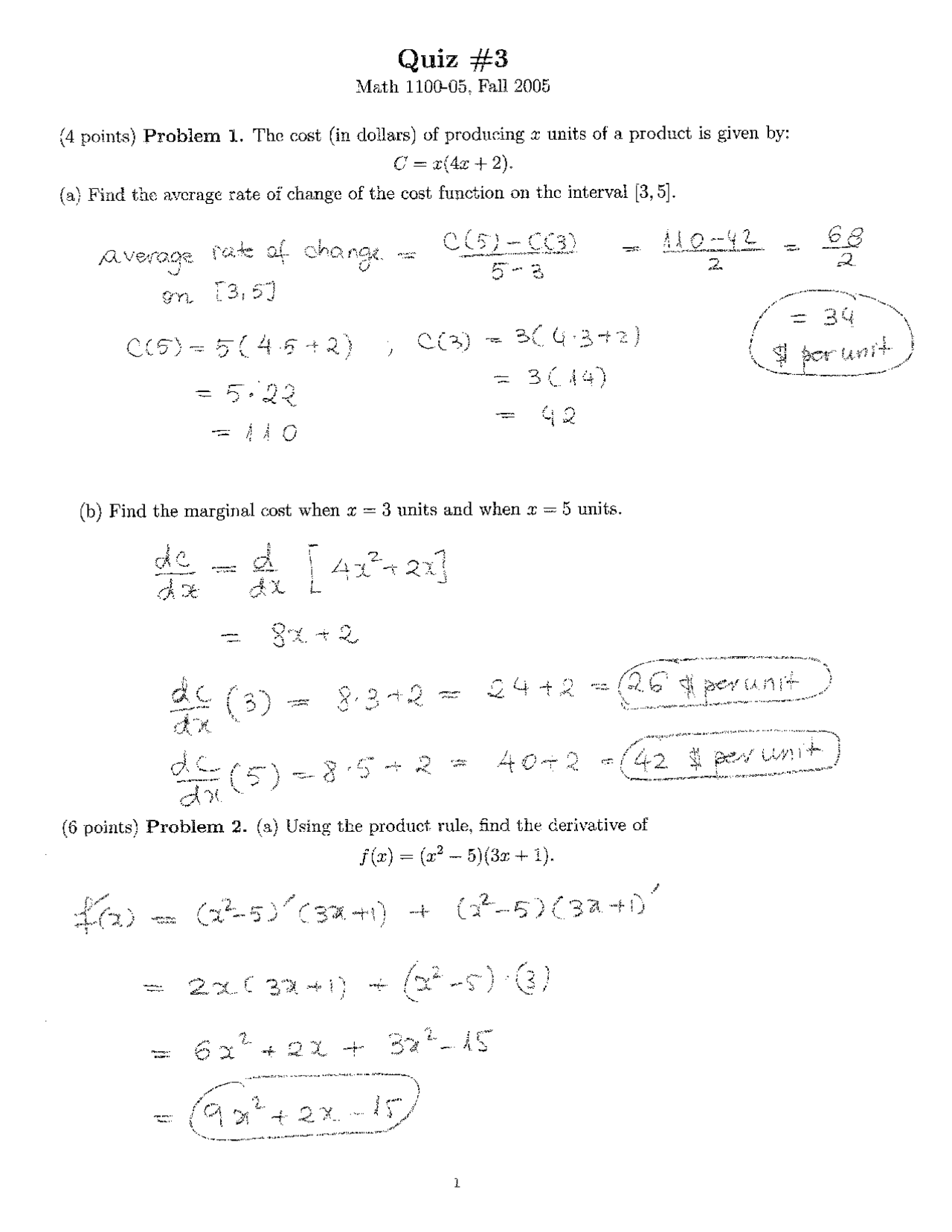 2 Solved Problems On Marginal Cost Functions Quiz 3 Math 1100 Docsity