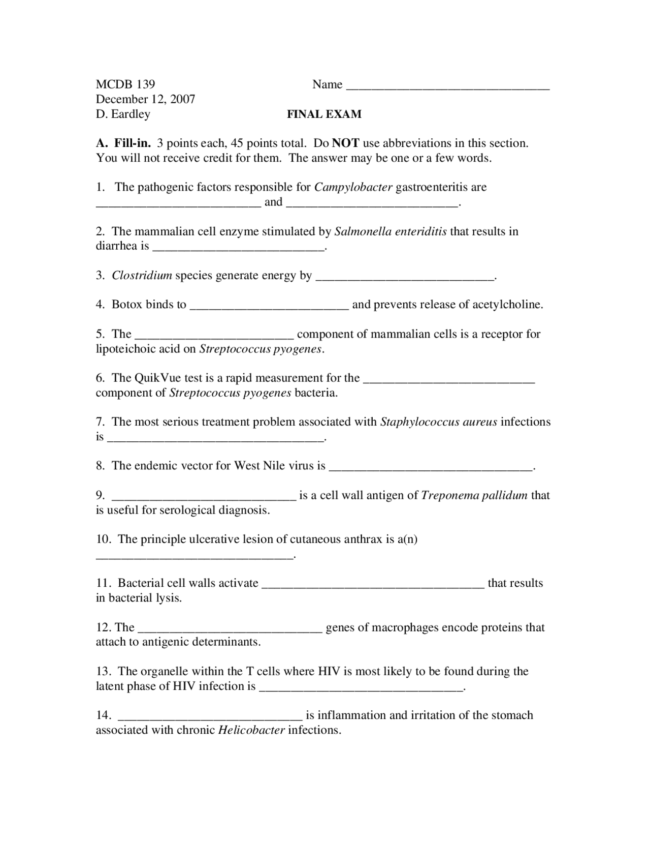 Questions For Final Exam Medical Microbiology Mcdb 139 Docsity