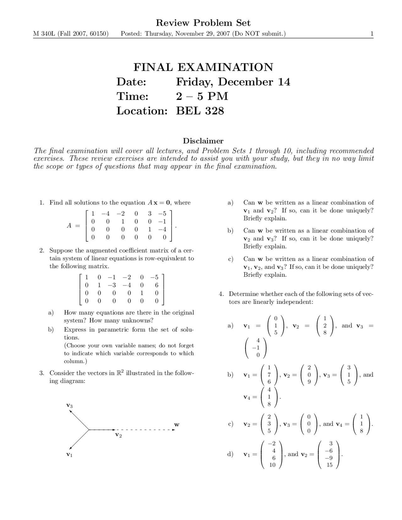 Review Problem Set For Final Exam Matrices And Matrix Calculations