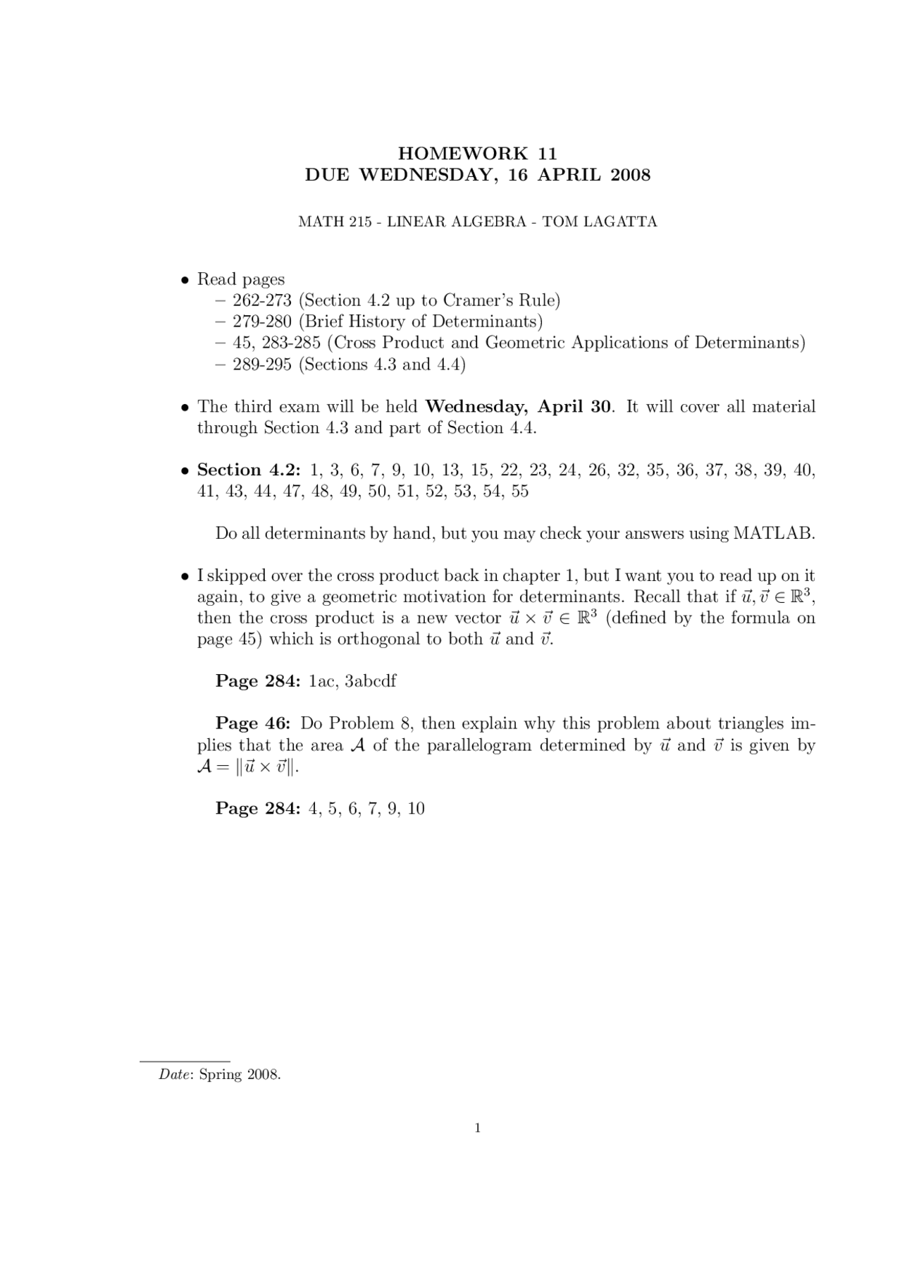 Problem Set 11 Introduction To Linear Algebra Math 215 Docsity