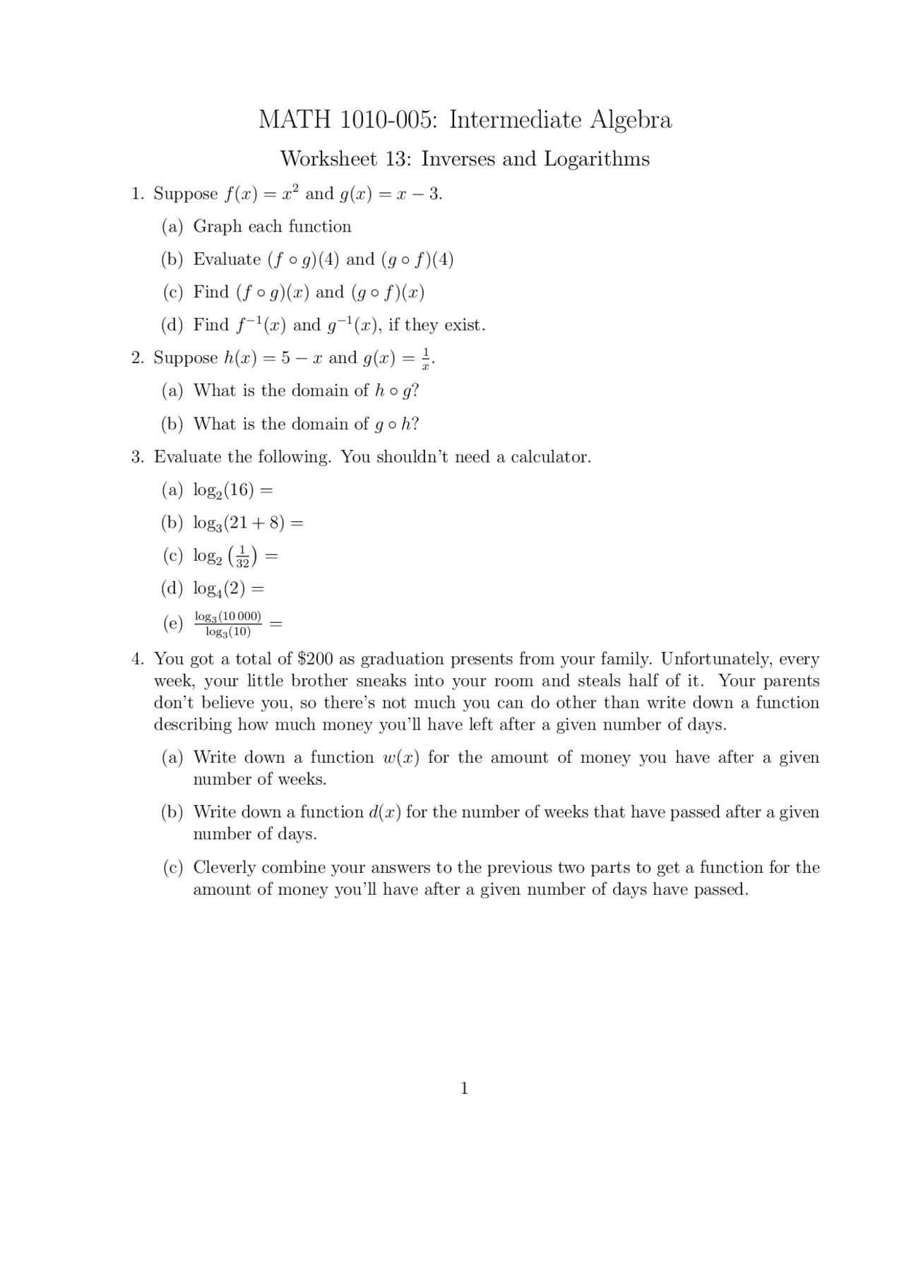 Inverses And Logarithms Worksheet 13 Math 1010 Docsity