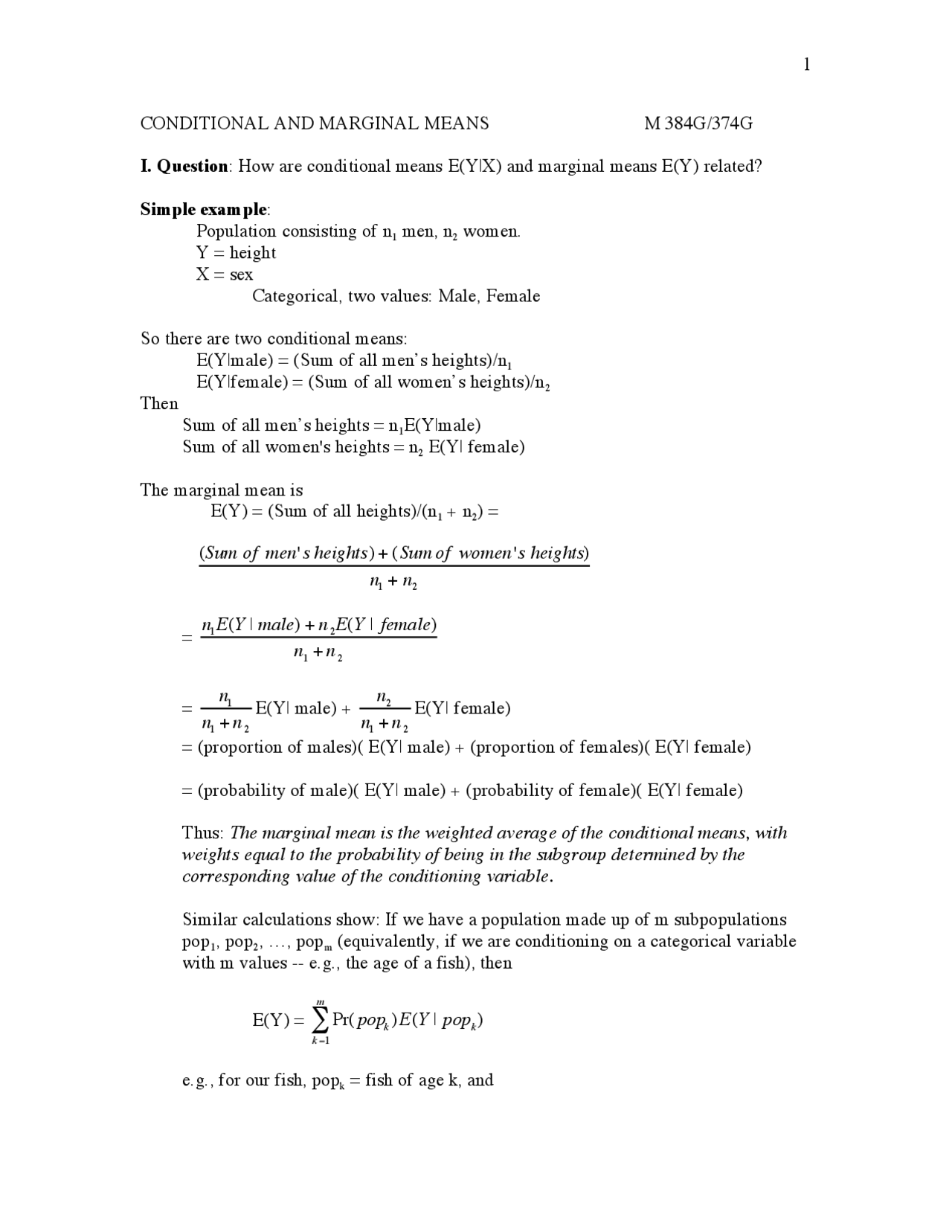 Conditional and Marginal Means - Regression Analysis | M 384G - Docsity