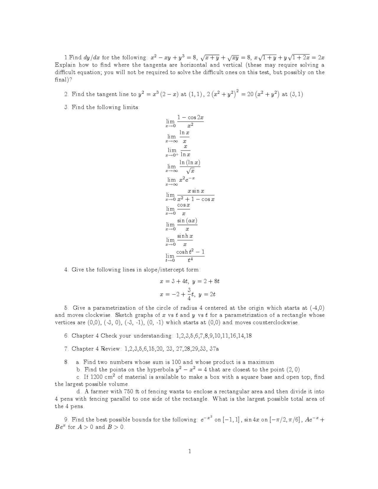 9 Questions For Exam 3 Calculus I With Applications Math 124 Docsity