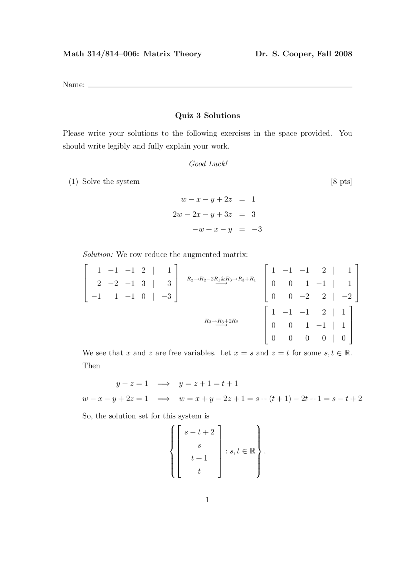 Quiz 3 With Solutions Applied Linear Algebra Matrix Theory Math