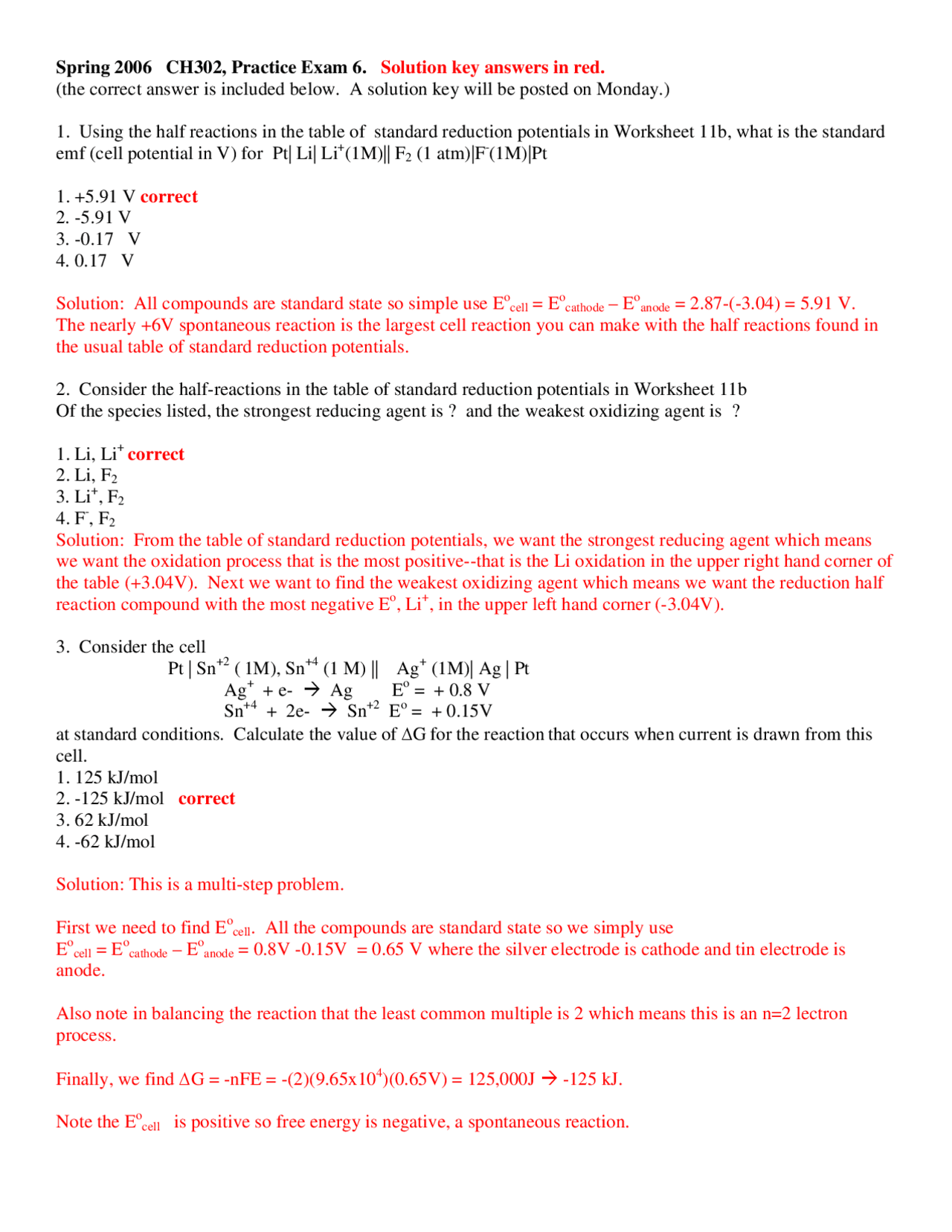 Solved Practice Exam 6 Principles Of Chemistry Ii Ch 302 Docsity