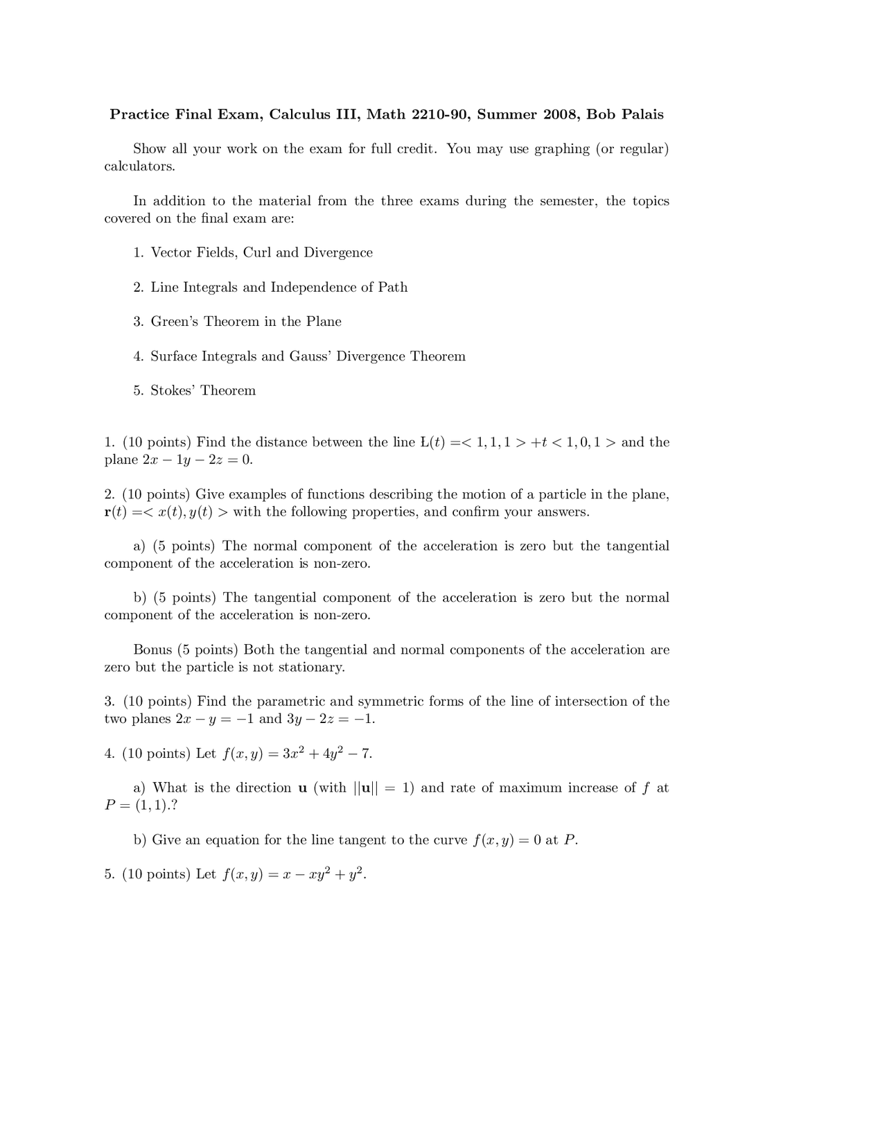 10 Questions In Practice Final Exam Calculus Iii Math 2210 Docsity