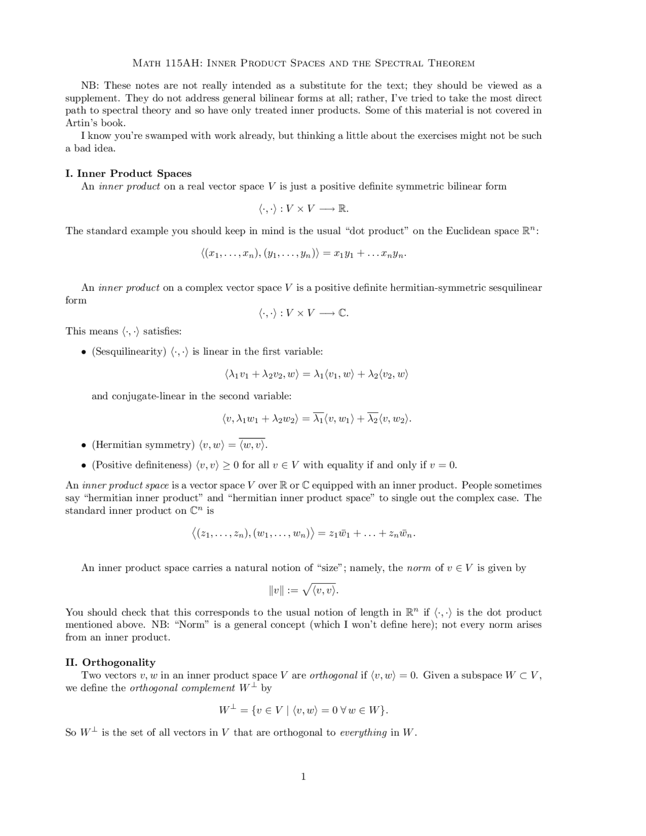Inner Product Spaces And The Spectral Theorem Lecture Notes Math 115ah Docsity