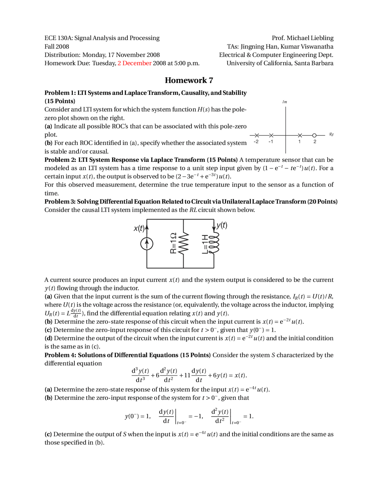 Signal Analysis Processing Homework 7 Problems Slav 130a Docsity