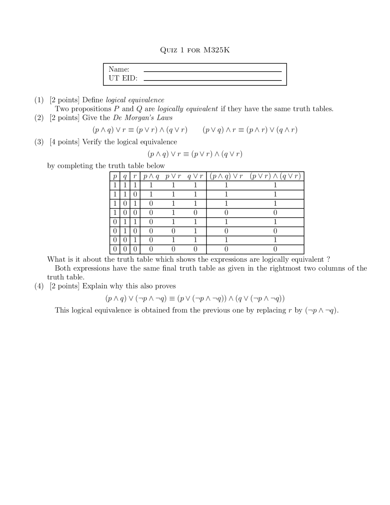 Quiz 1 Logical Equivalence Discrete Mathematics M 325k Docsity