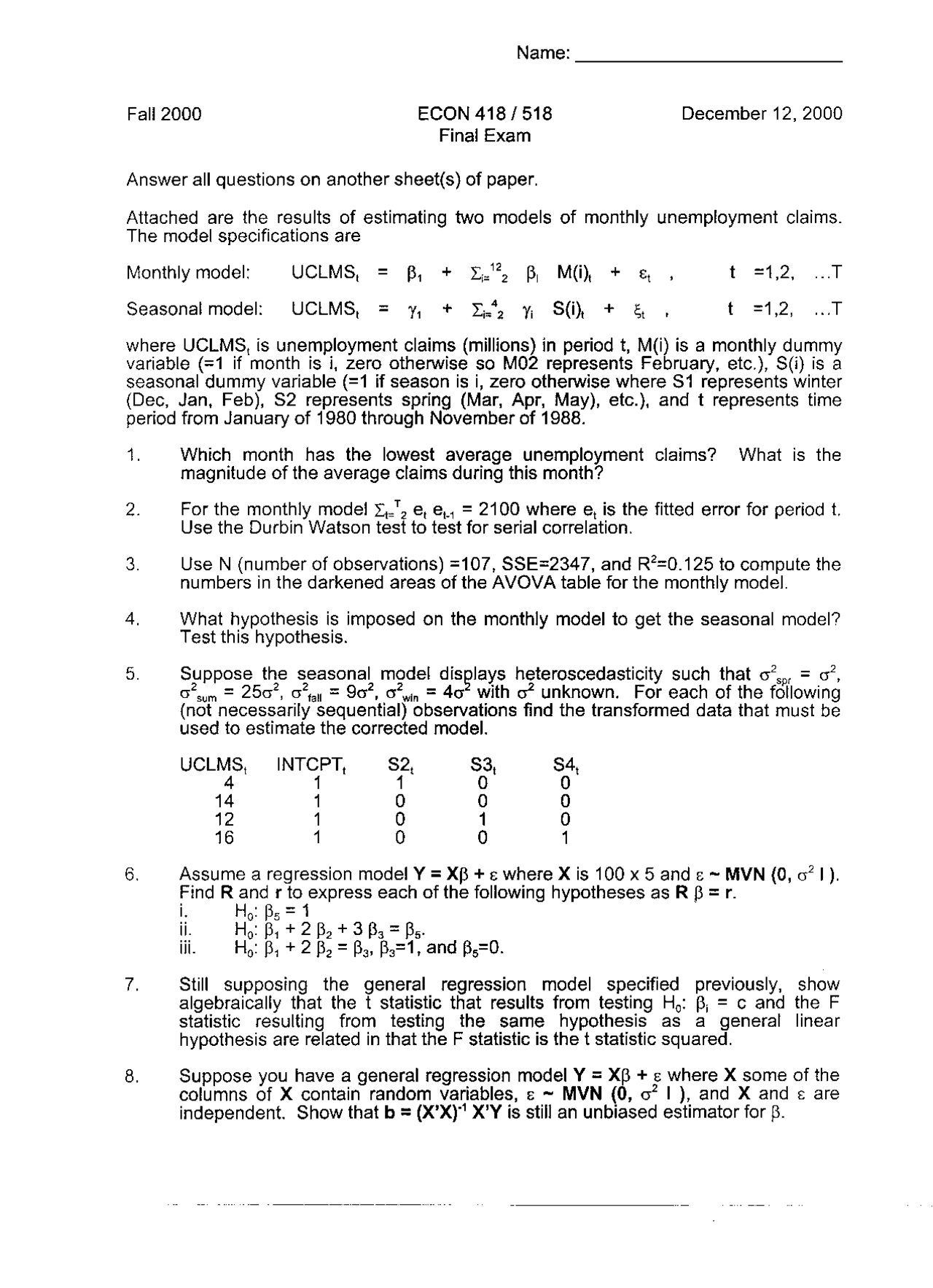 Final Exam Introduction To Econometrics Fall 2000 Econ 518 Docsity