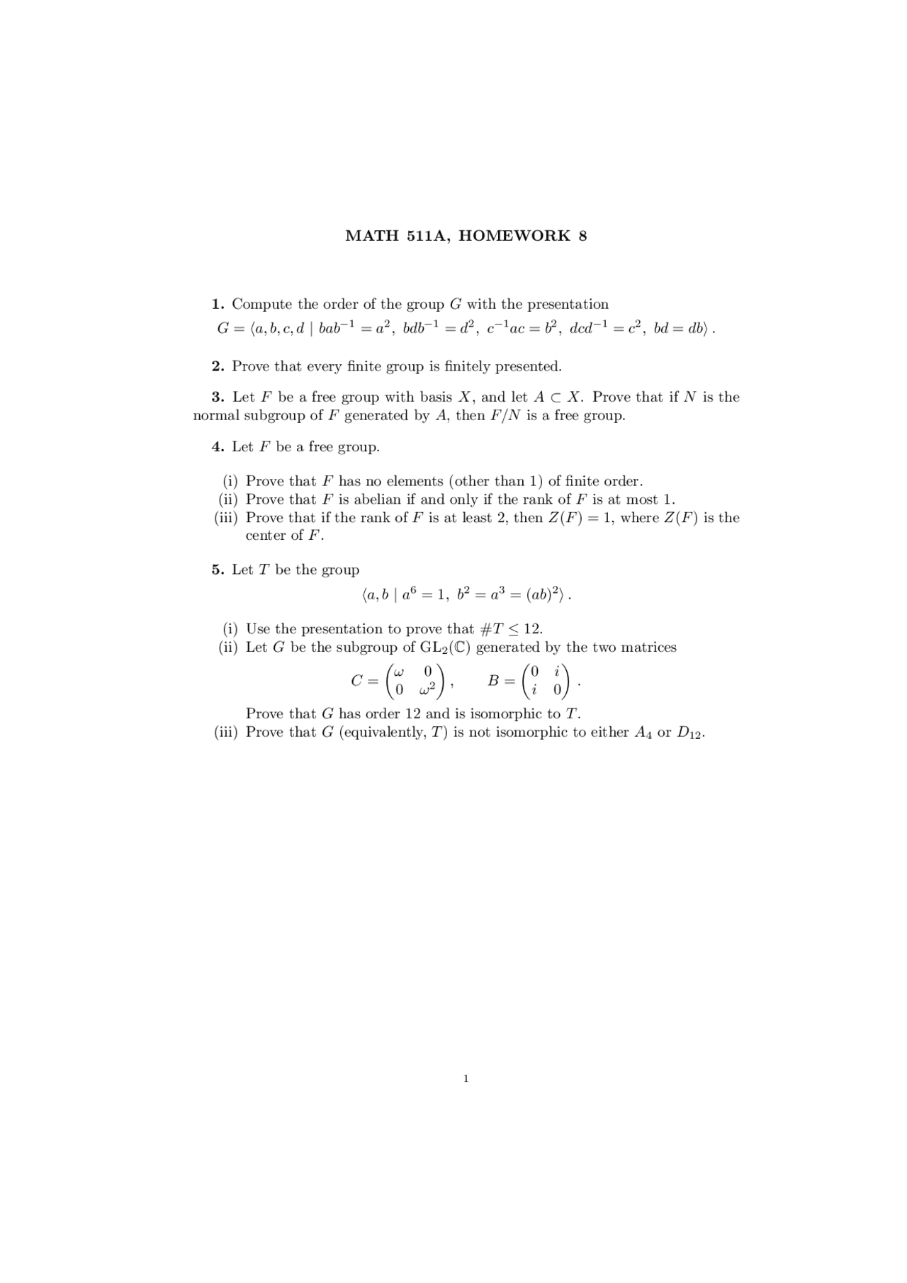 Algebra Homework 8 Questions Math 511a Assignments Algebra Docsity
