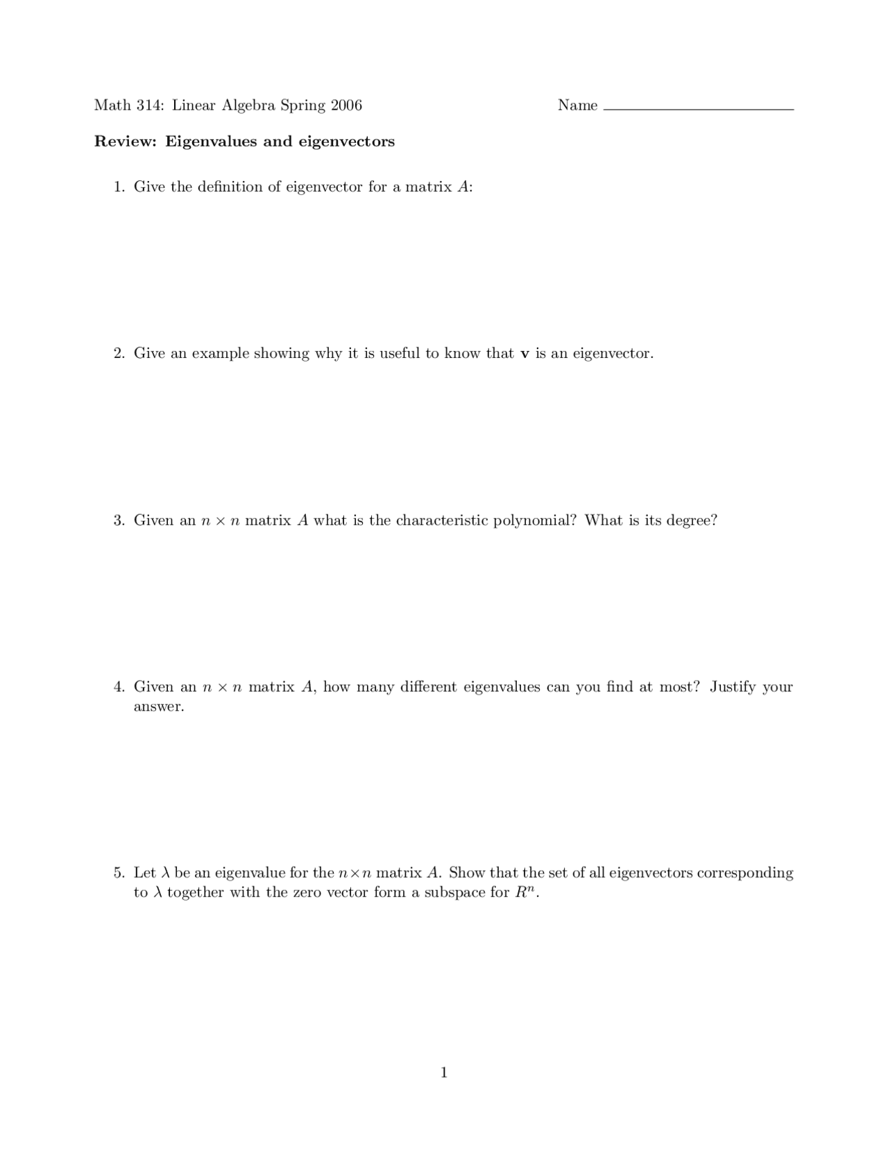 Review Sheet For Applied Linear Algebra Matrix Theory Math 314 Docsity