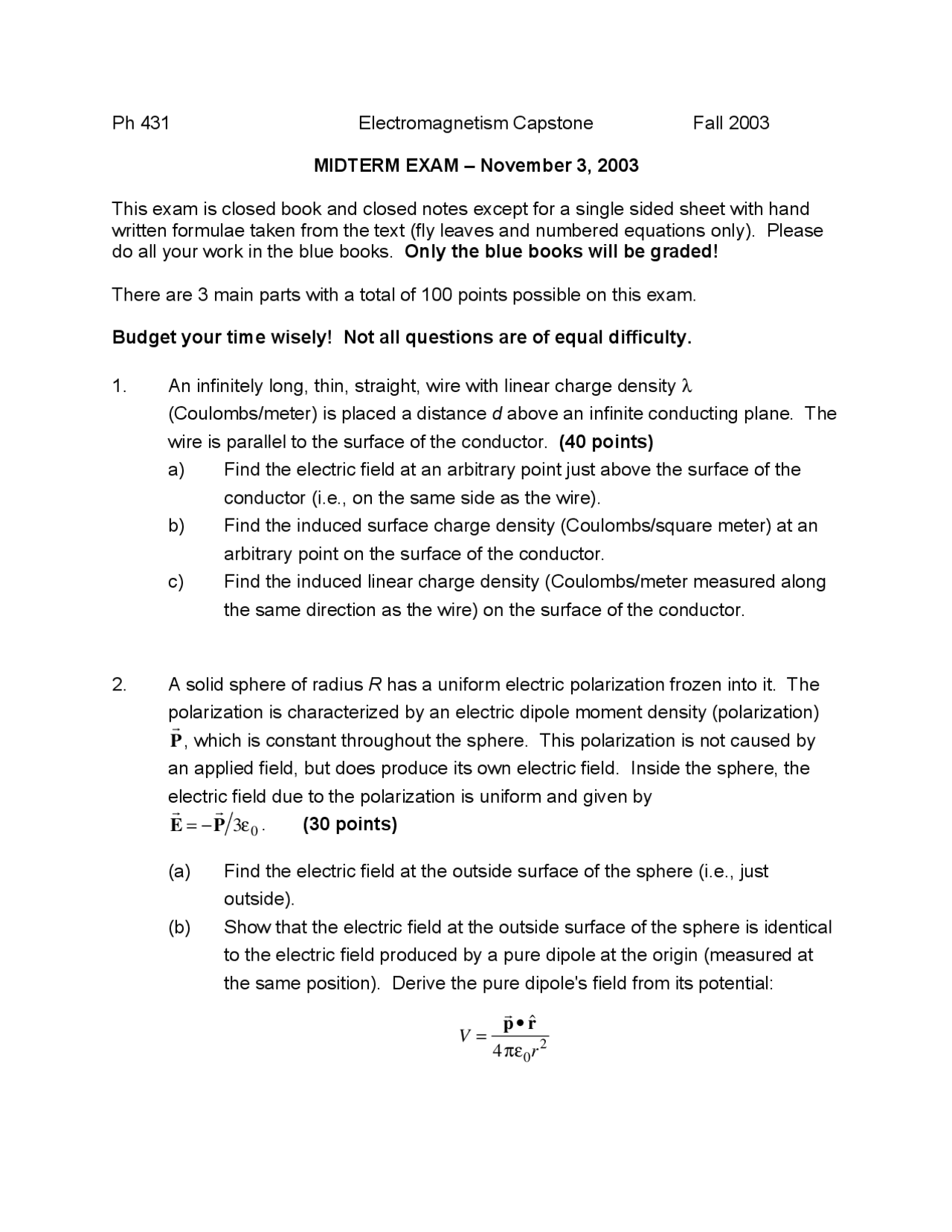 Midterm Exam Fall 2003 - Electromagnetism Capstone | PH 431 | Exams Physics | Docsity