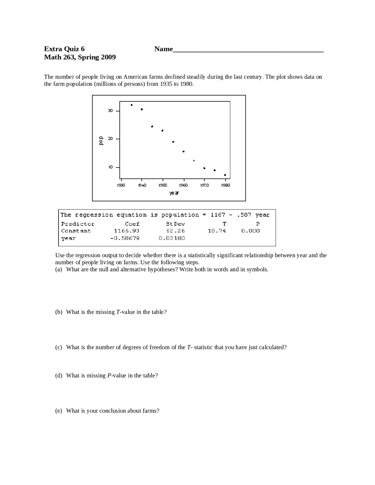 Quiz 6 Solution Introduction To Statistics And Biostatistics Math 263 Docsity