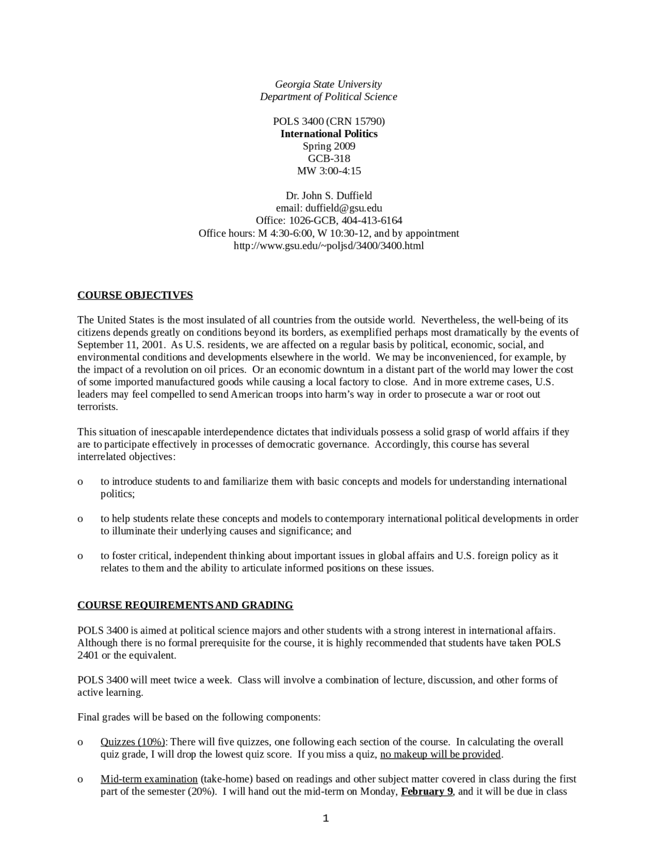 Course Syllabus International Politics Spring 2009 Pols 3400