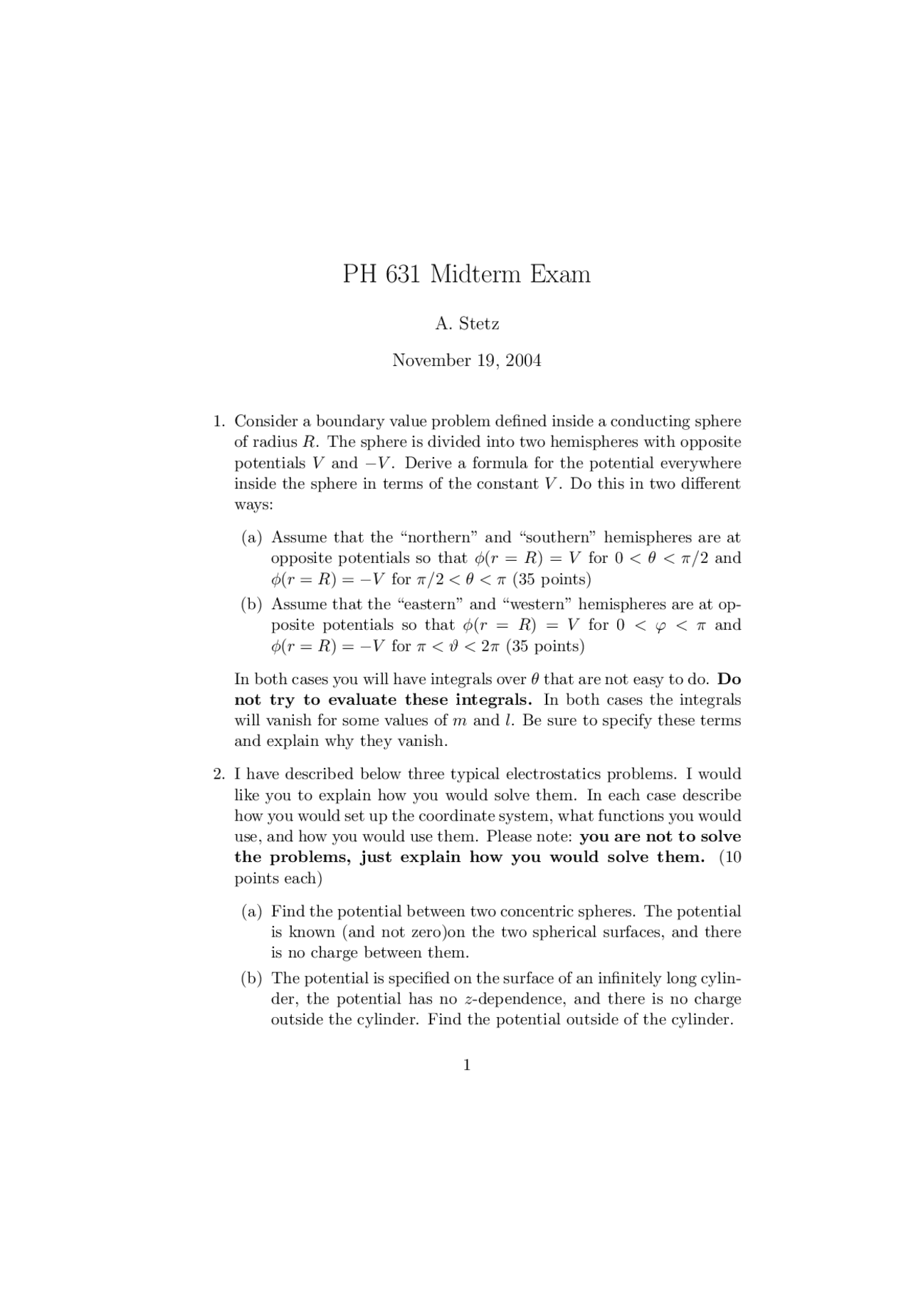 2 Solved Questions Midterm Exam Electromagnetic Theory Ph 631 Docsity