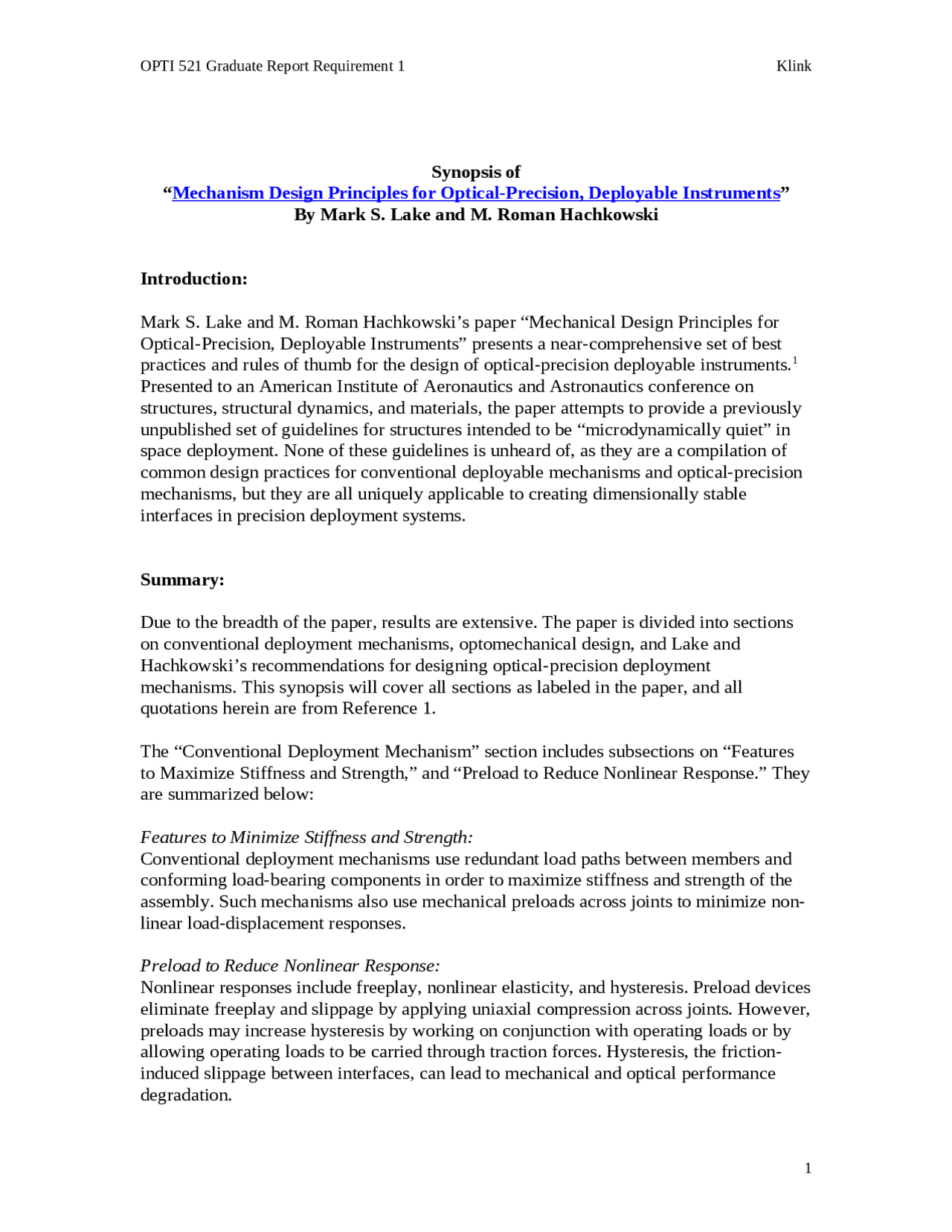 Mechanism Design Principles for Optical Precision, Deployable ...
