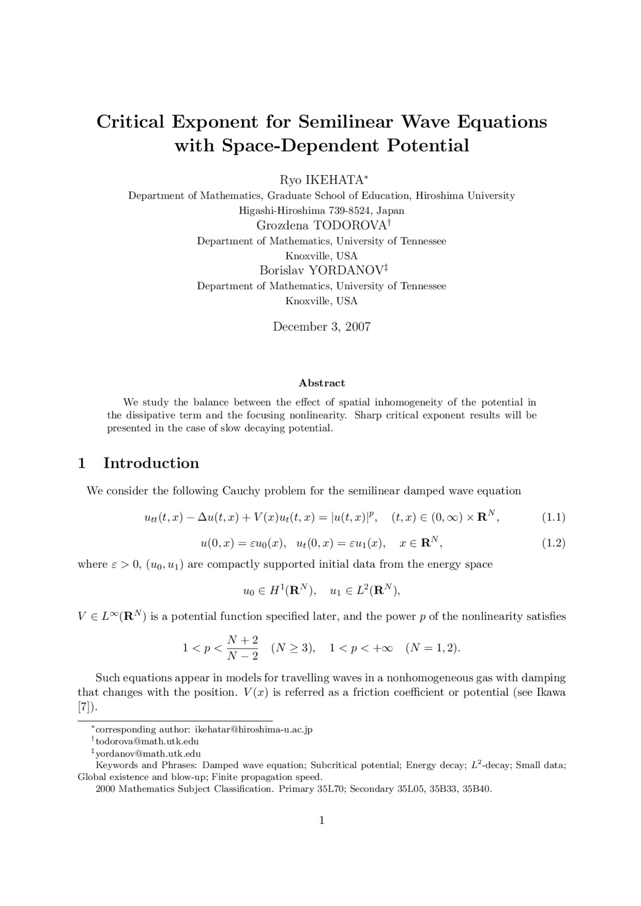 Critical Exponent for Semilinear Wave Equations with Space-Dependent ...