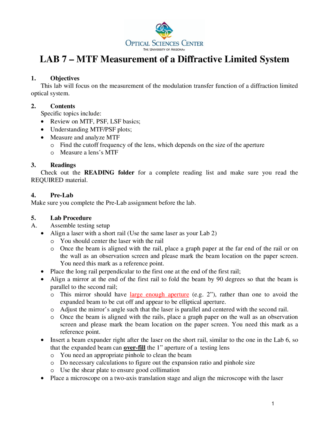 Lab 7 Mtf Measurement Of A Diffractive Limited System Opti 471a