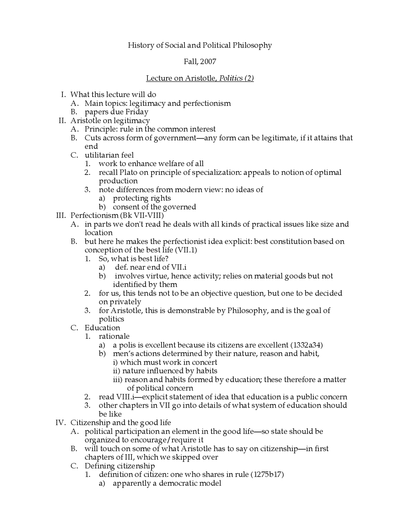 Lecture On Aristotle Politics Phil 3713 Docsity