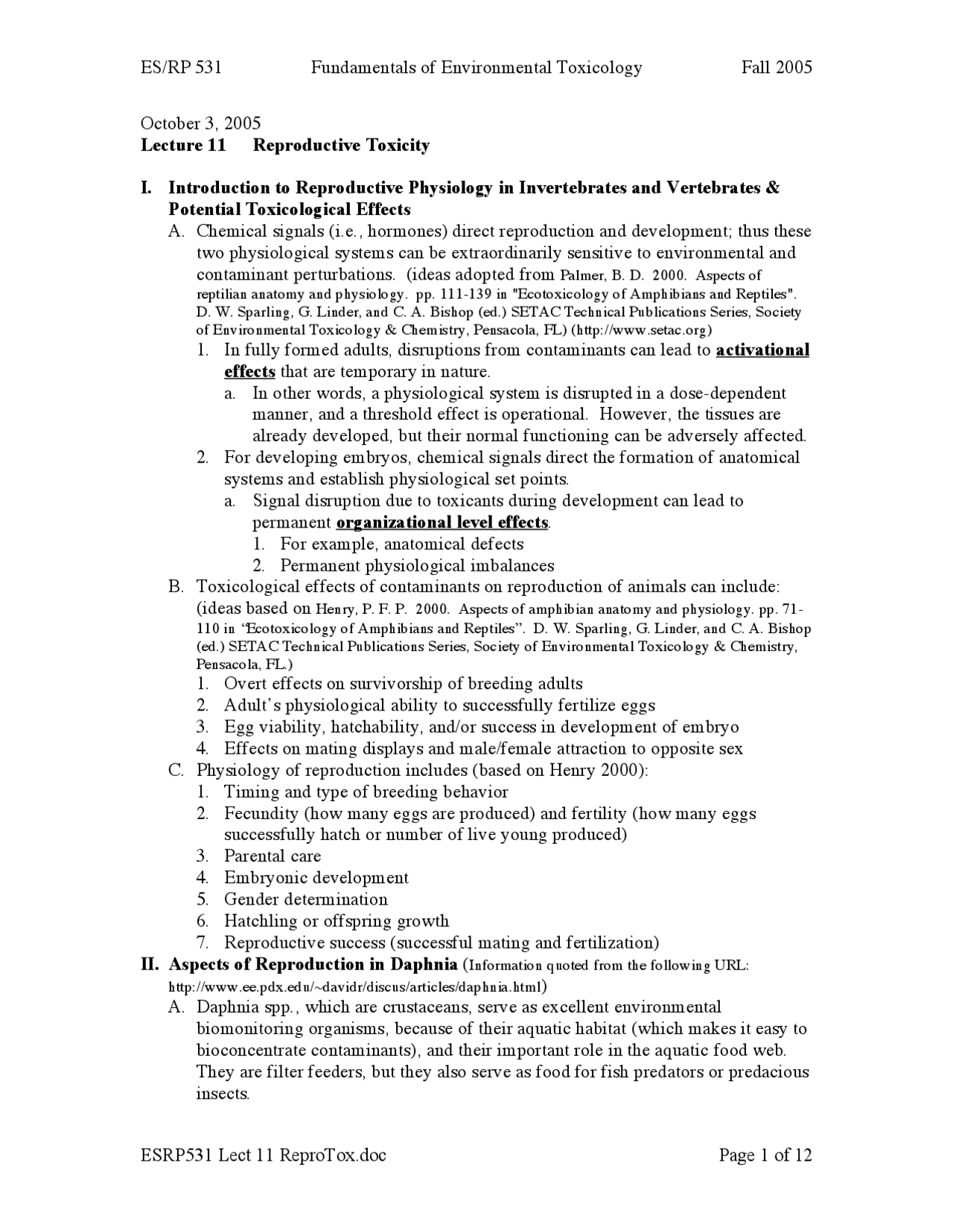 Reproductive Toxicity Lecture Notes Esrp 531 Docsity