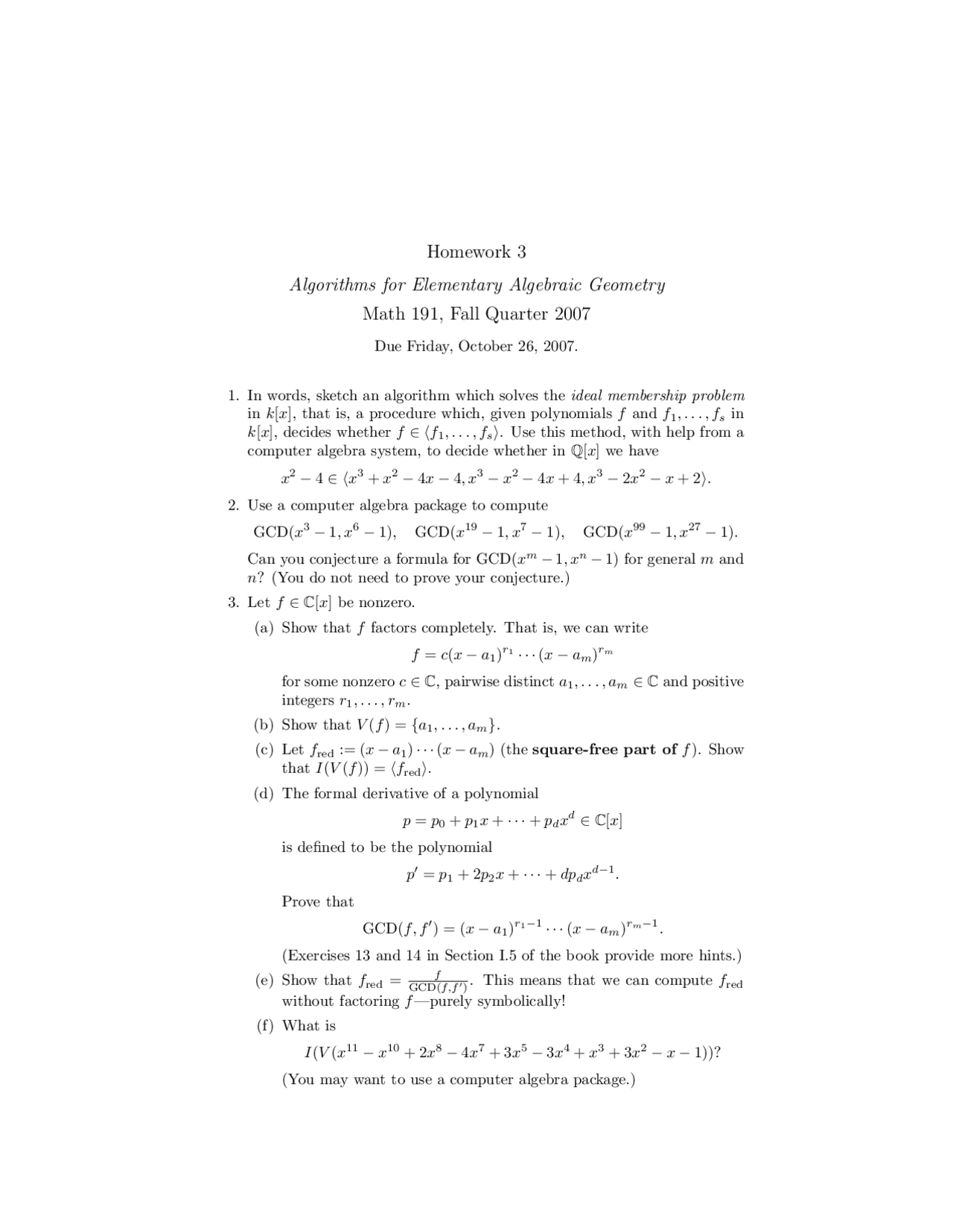 Homework 3 Solutions For Algorithms For Elementary Algebraic Geometry