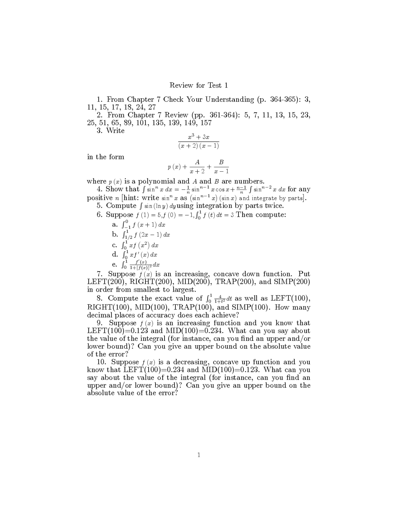 Review Sheet For Test 1 For Calculus Ii Math 129 Docsity