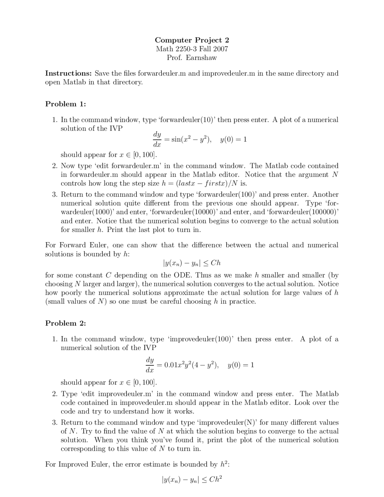 Computer Project 2 - Linear Algebra and Differential Equations | MATH 2250 - Docsity