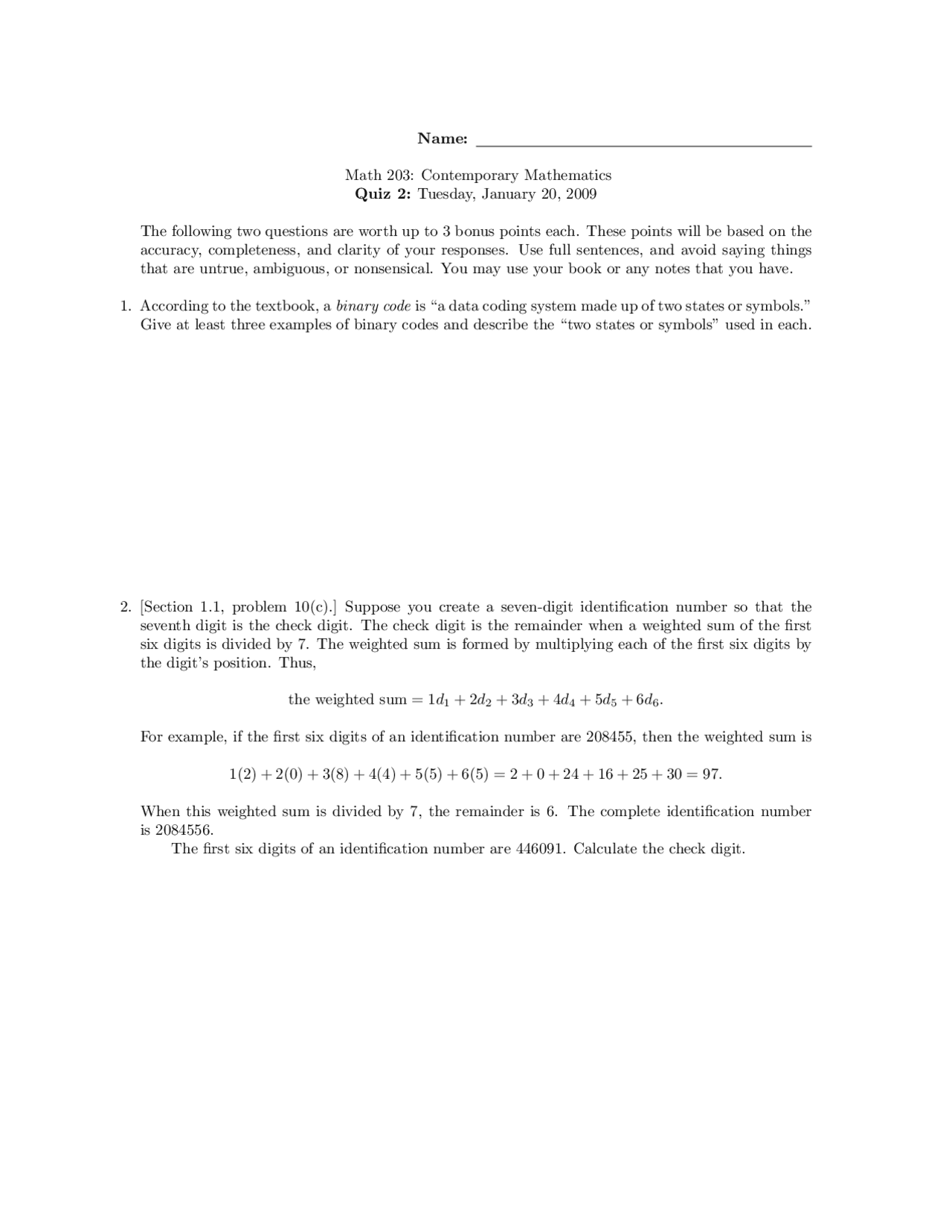 Solutions To Quiz 2 Contemporary Mathematics Math 203 Docsity