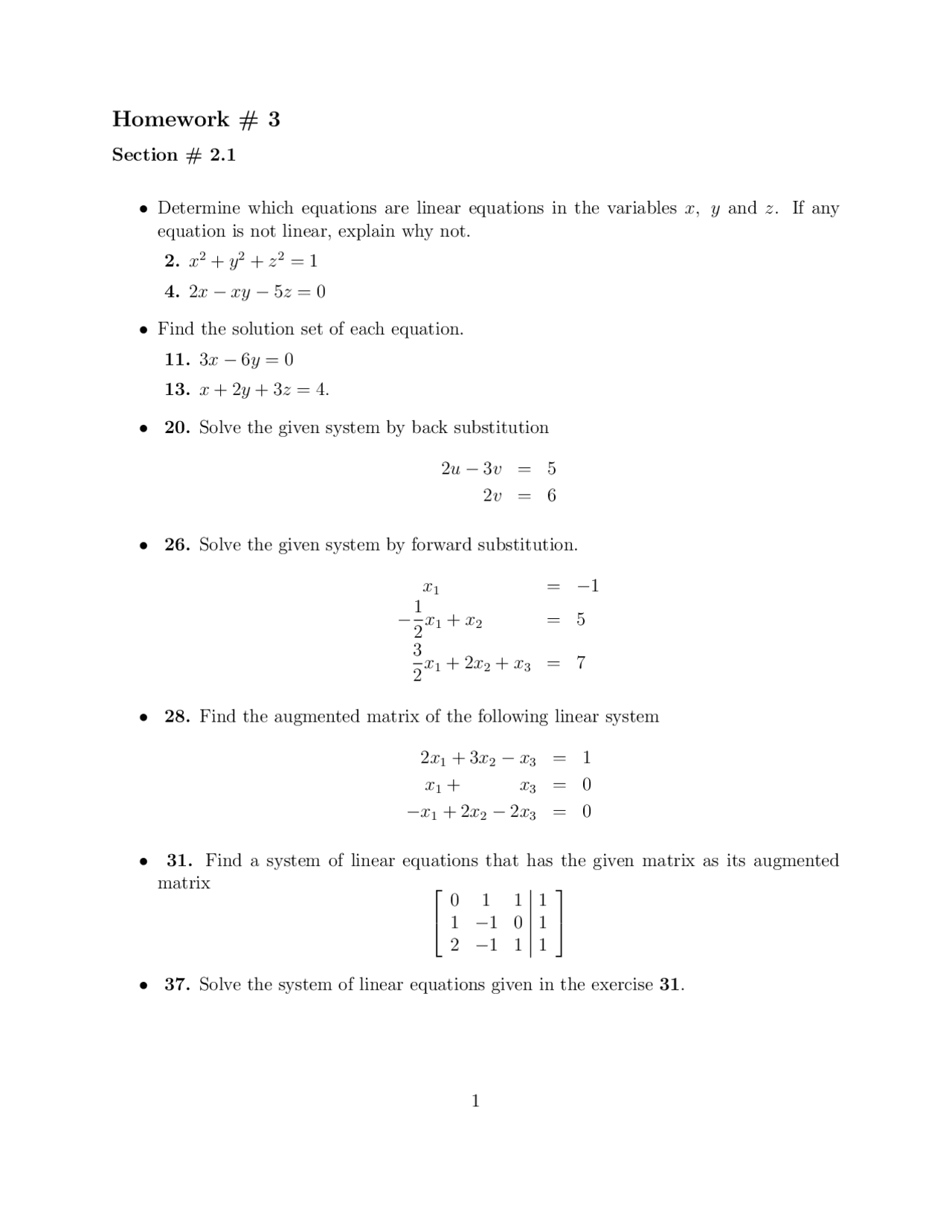 Linear Algebra Homework: Solving Linear Equations and Systems - Prof. I ...