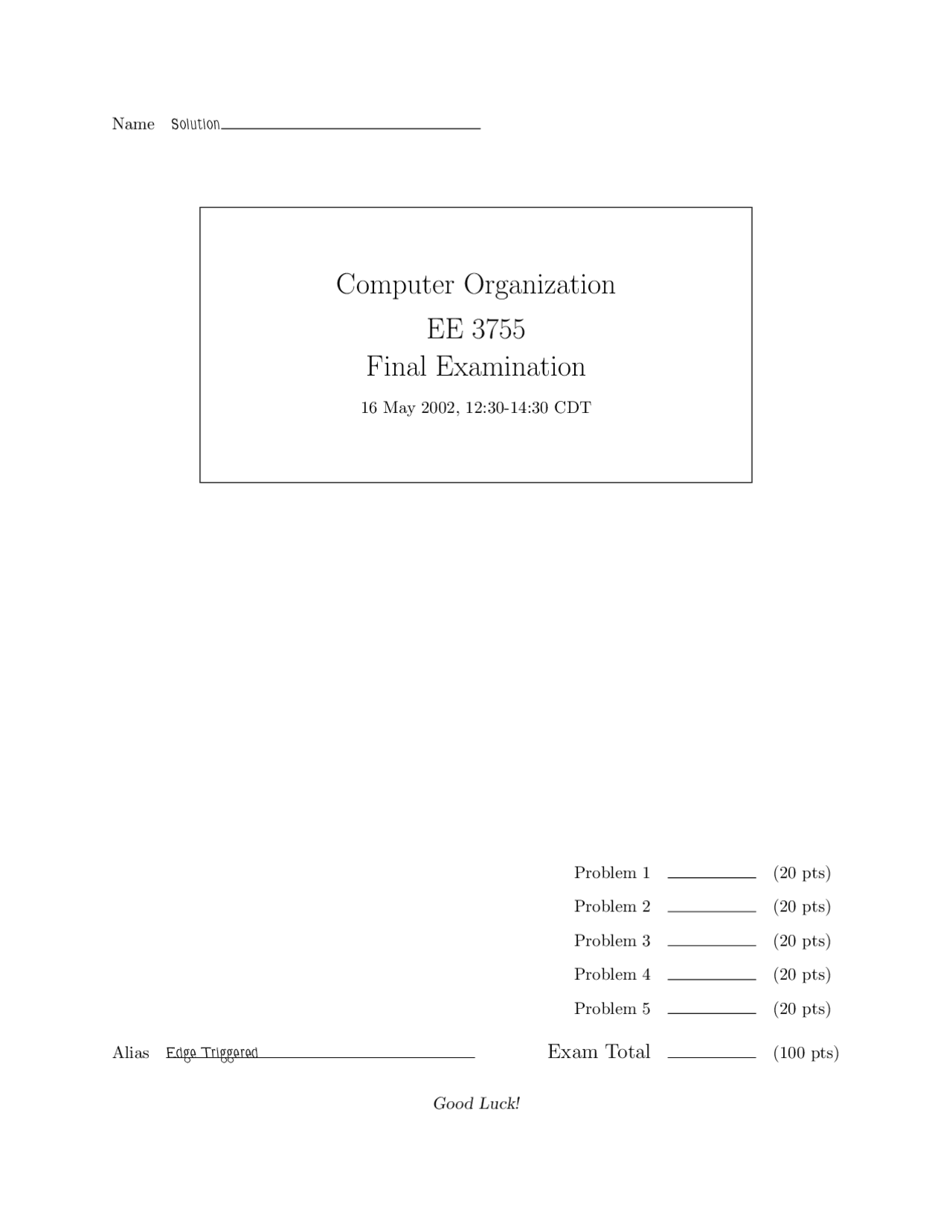 Final Exam With Answers For Computer Organization Ee 3755 Docsity