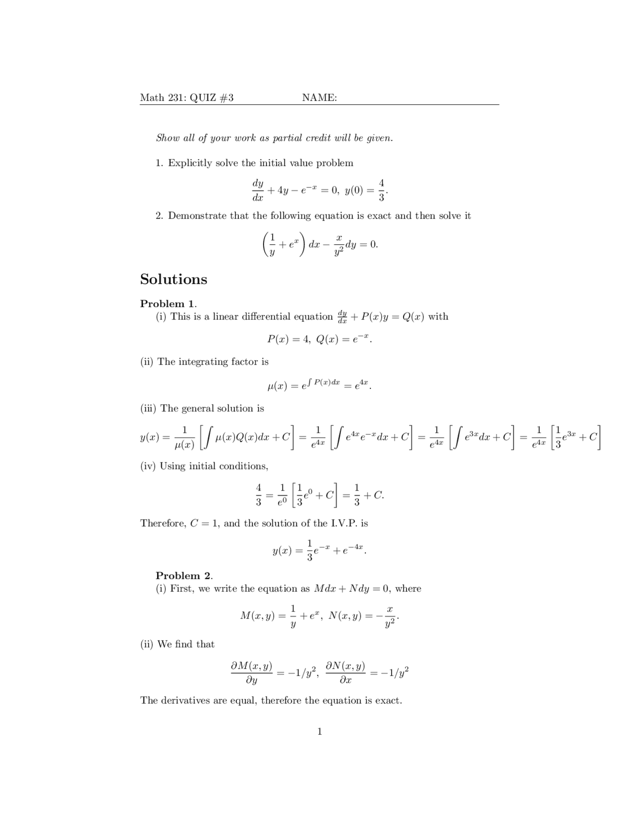 2 Problems With Answer Quiz 3 Differential Equations I Math 231