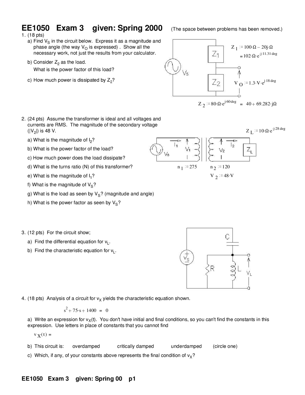 EE1050 Exam 3, Spring 2000 - Electrical Engineering | Exams Electrical and Electronics ...