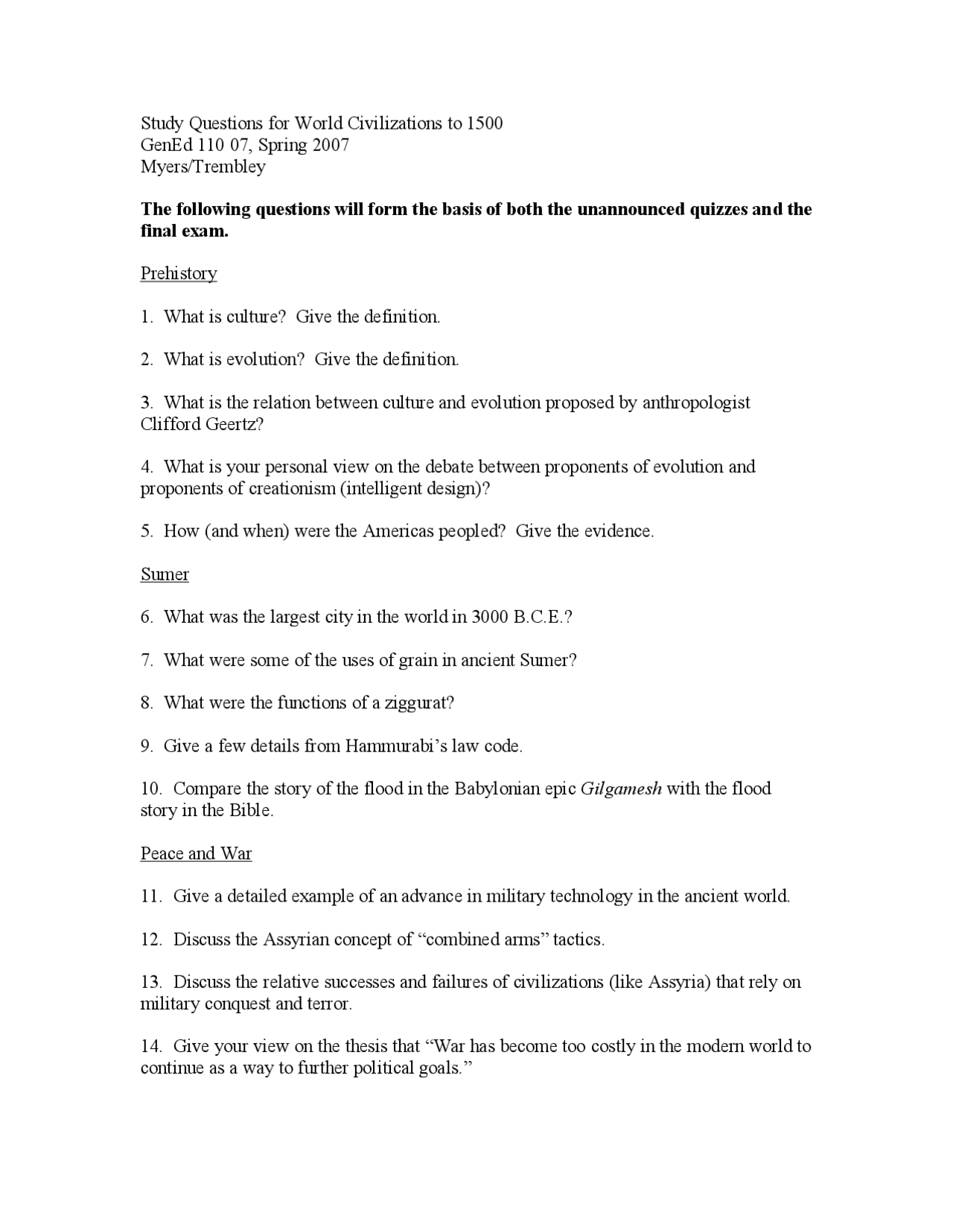 Study Questions for World Civilizations I to 1500 | GenEd 110 - Docsity