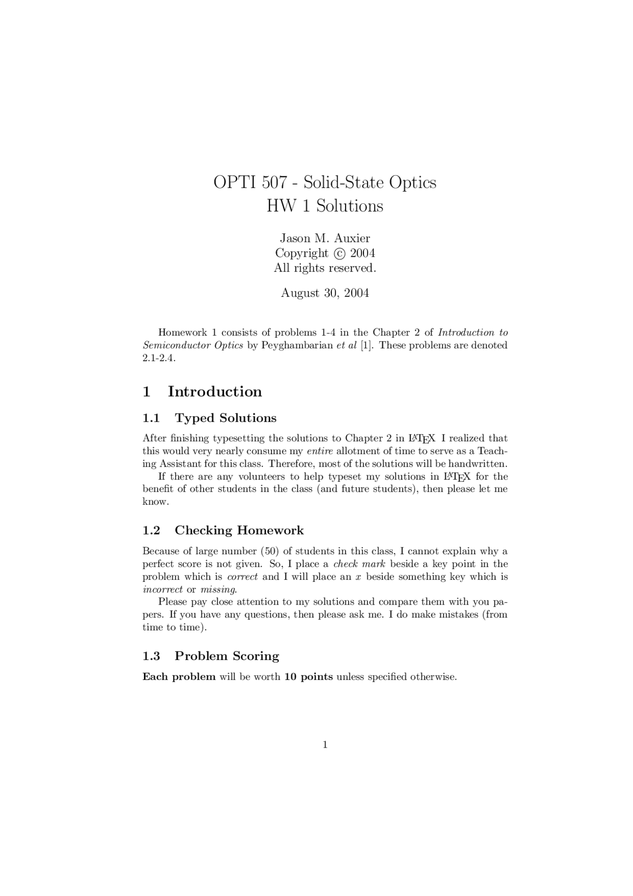 Homework I Solutions For Solid State Optics Opti 507 Docsity