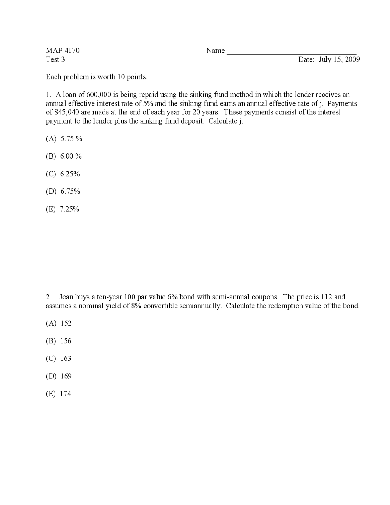 Exam 3 For Introduction To Actuarial Math Map 4170 Docsity