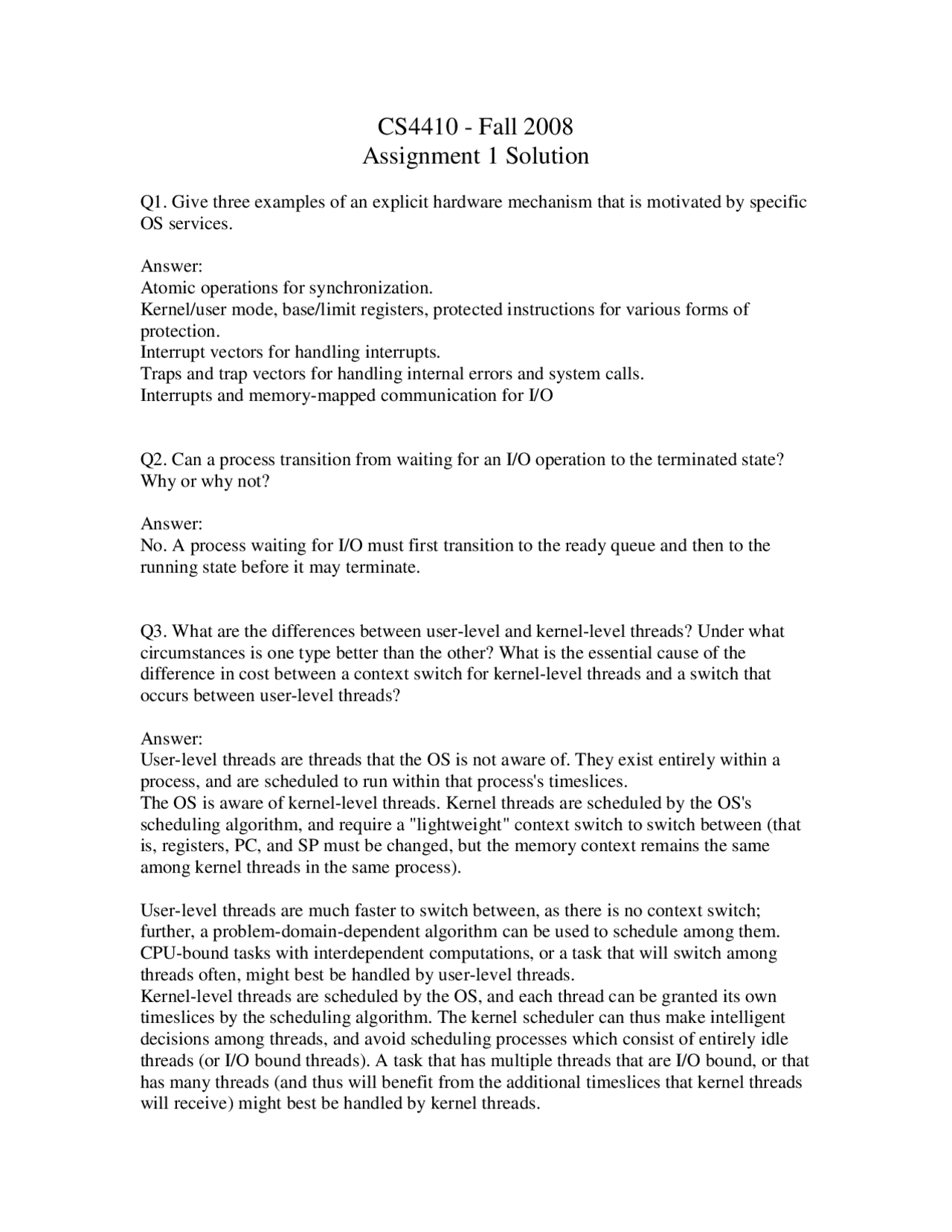 Solutions For Assignment 1 Operating Systems Cs 4410 Docsity