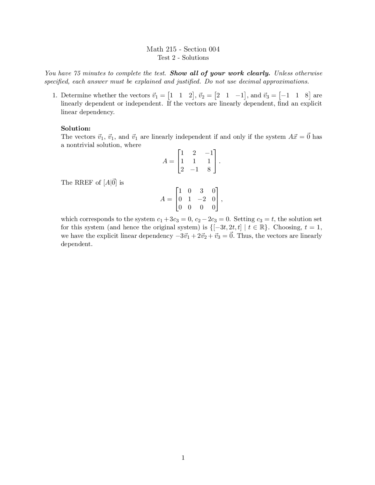 Test 2 With Solution For Introduction To Linear Algebra Math 215