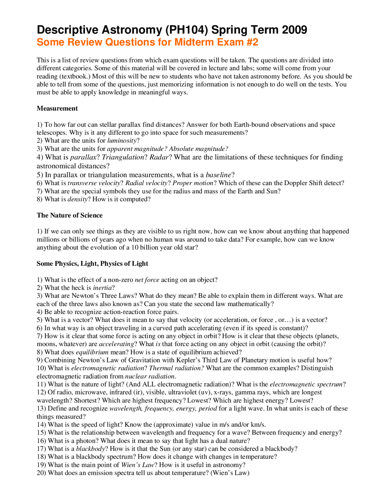 Review Questions for Midterm Exam #2 - Descriptive Astronomy (PH104 ...