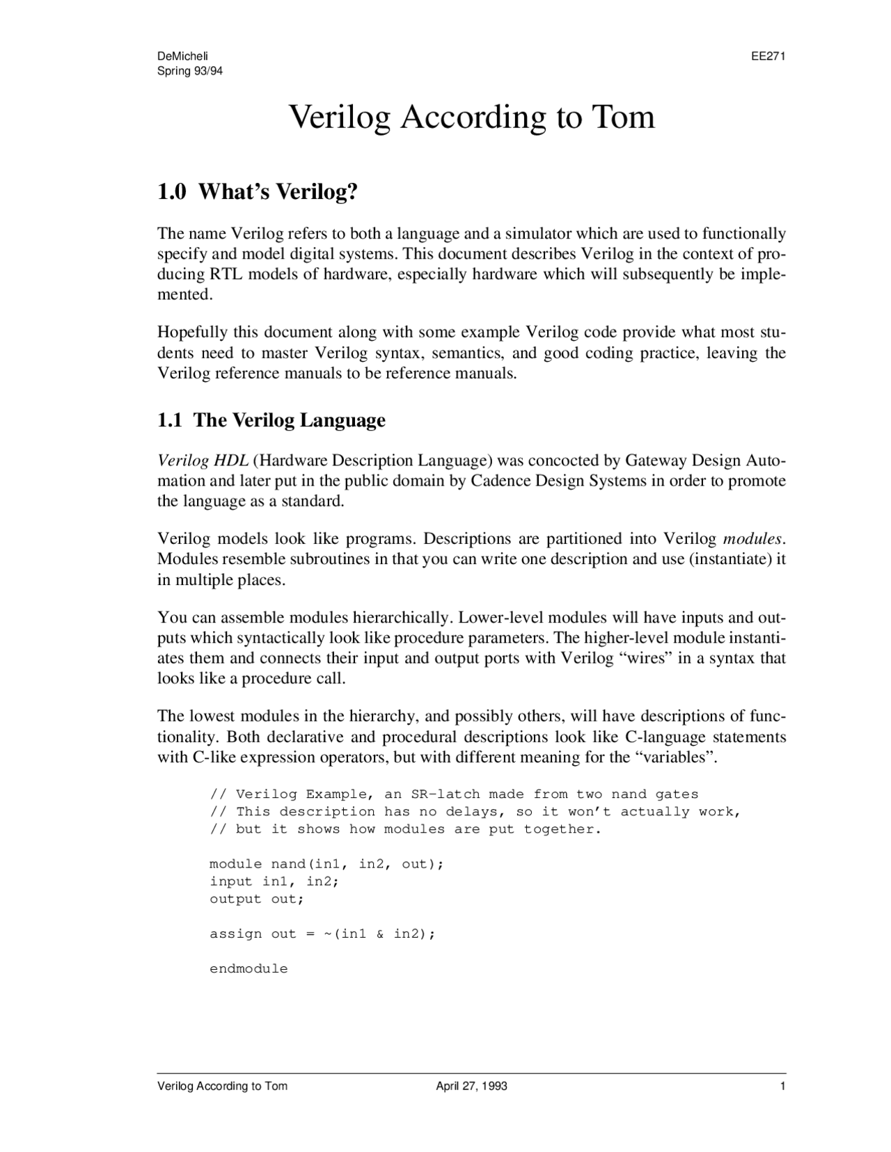 Verilog According to Tom - Plato - Lecture Notes | PHIL 152 - Docsity